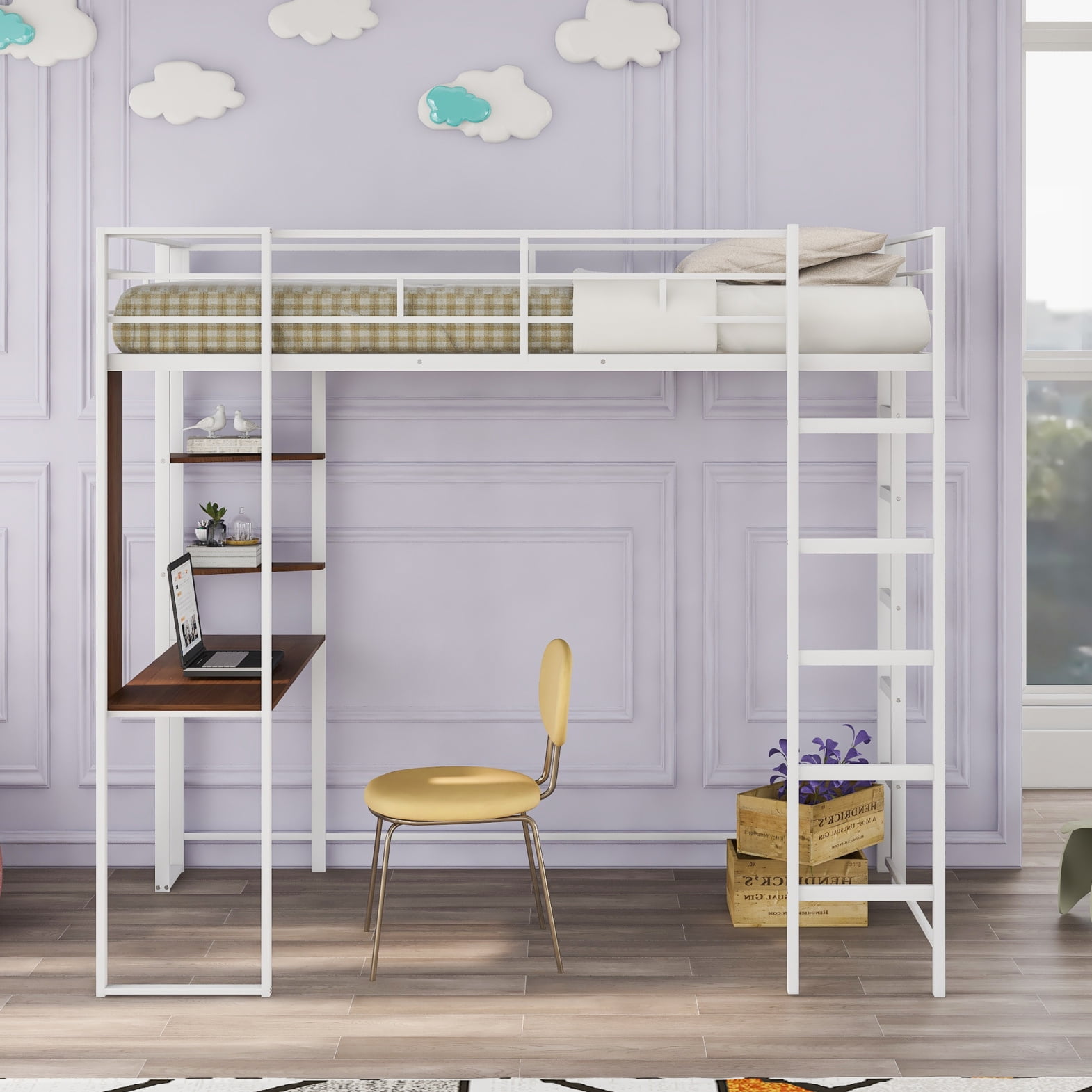 Twin Metal Loft Bed with Dual Ladders, Desk & Shelves – Space-Saving ...