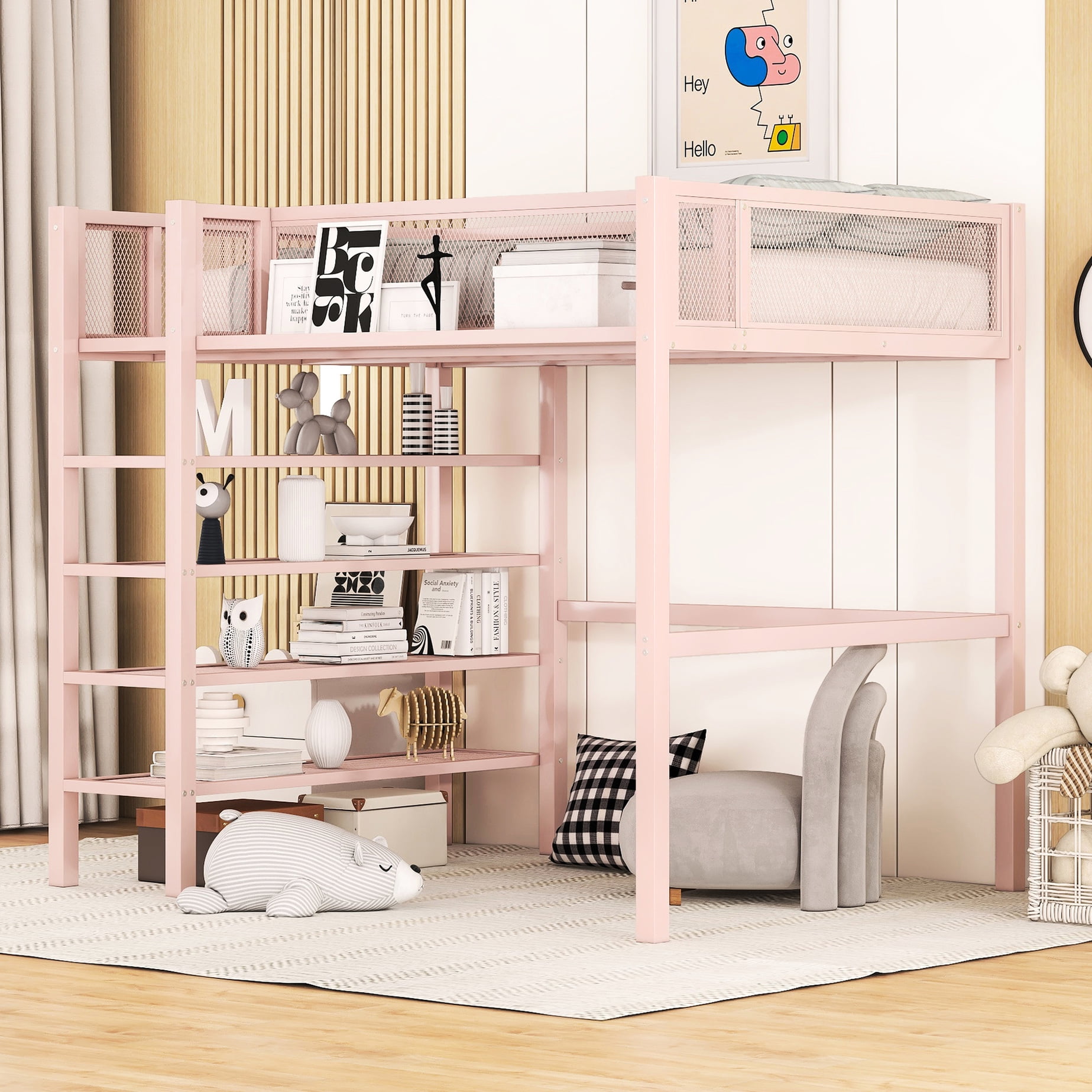 Twin Metal Loft Bed with Storage / Creative Design Allows Shelves as ...