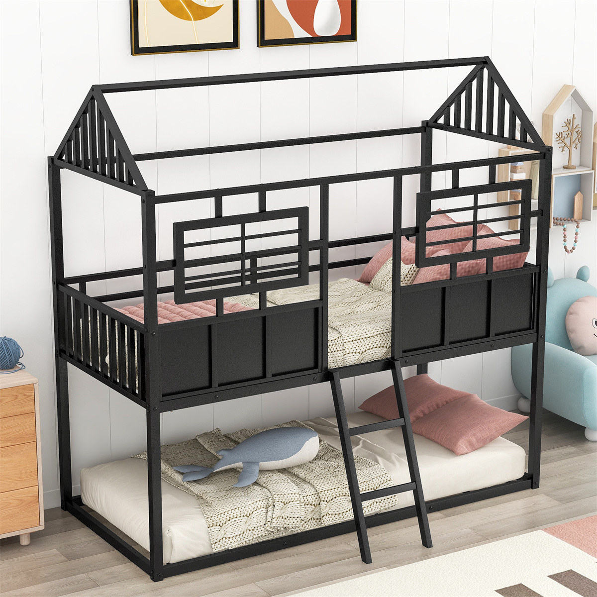 Twin Over Twin Bunk Bed, House Bed Frame with Roof and Windows for Kids ...