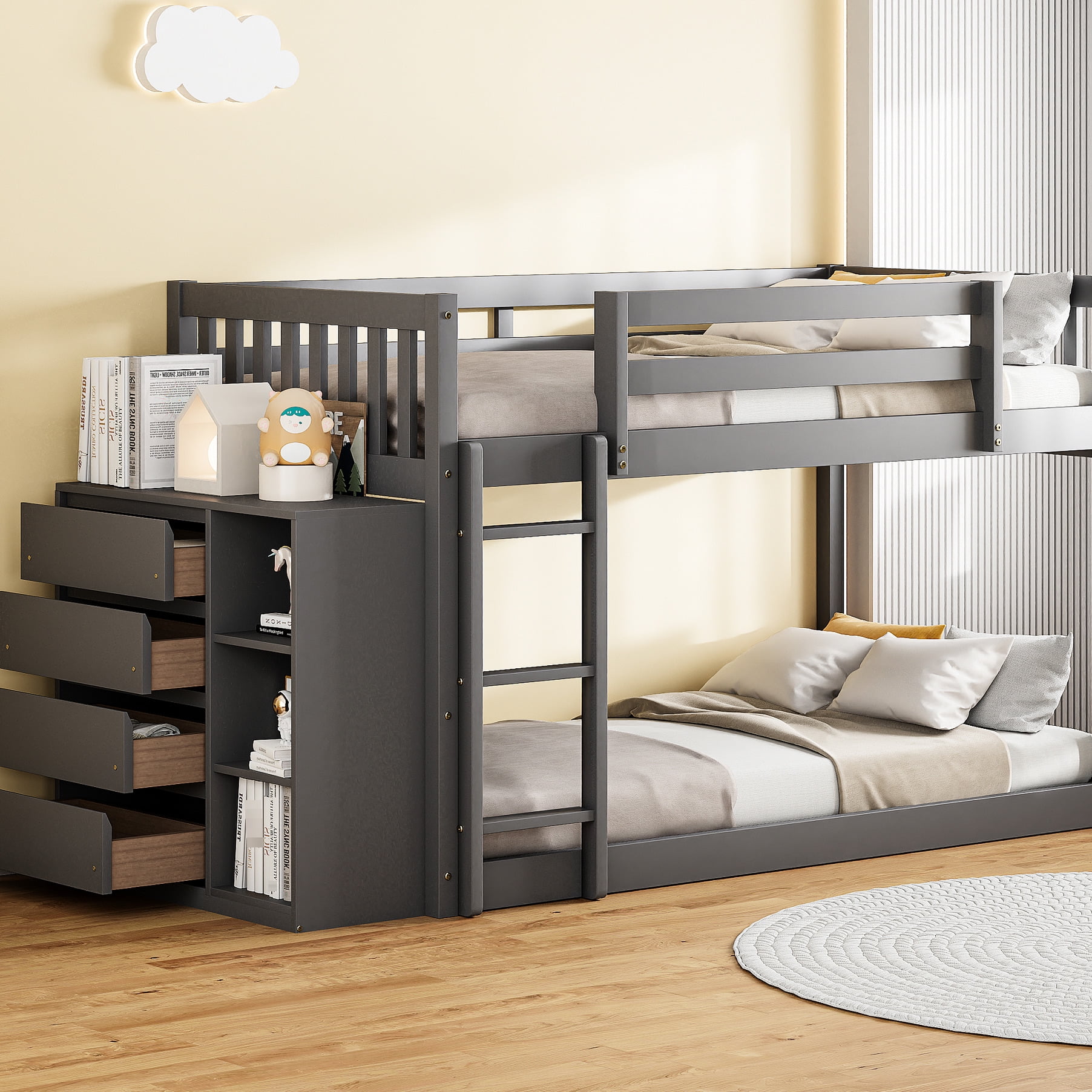 Twin Over Bunk Bed In Gray With Functional Storage Drawers & Shelves Versatile Units - Walmart.com