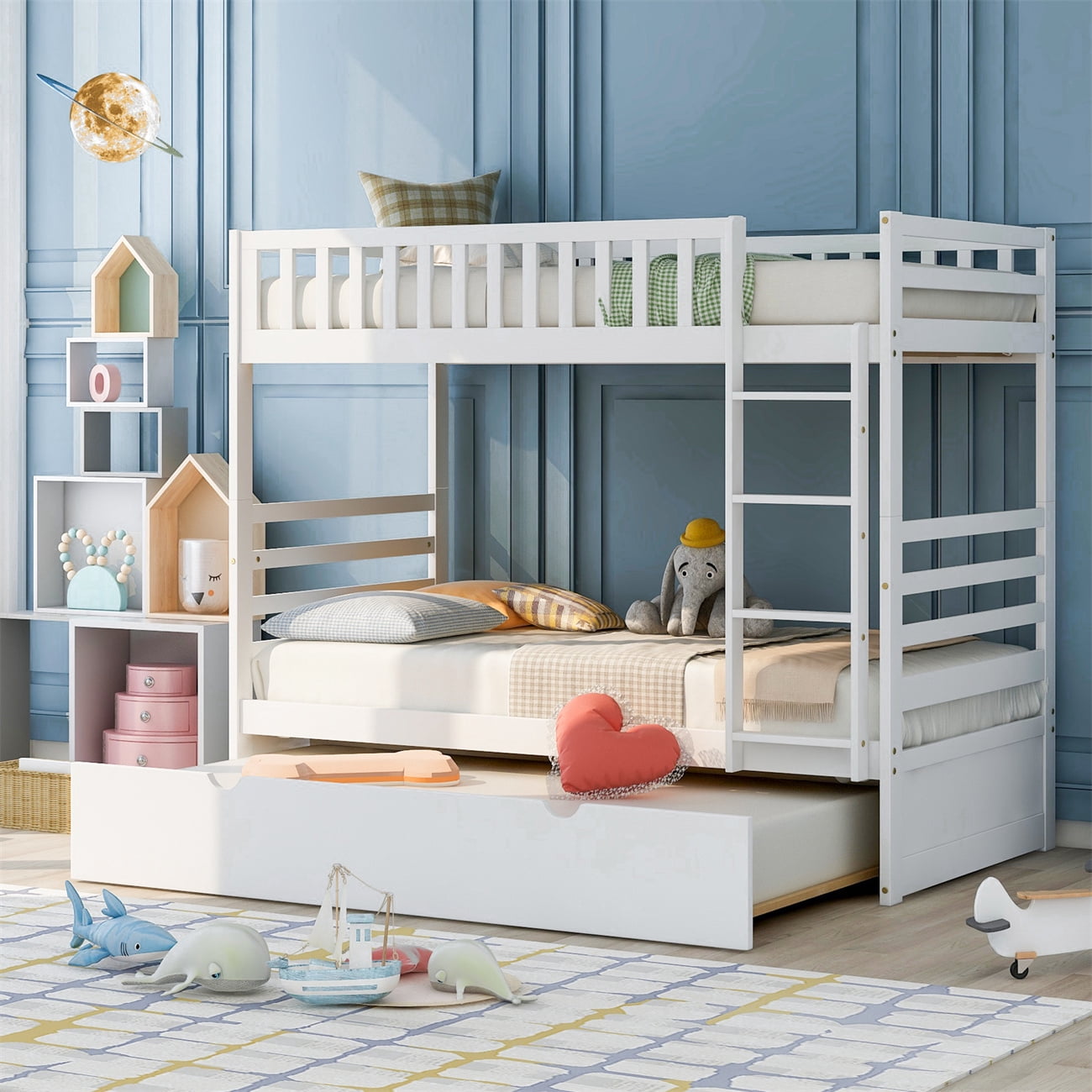 Twin Over Twin Bunk Bed with Movable Trundle, Convertible Bunk Bed with ...