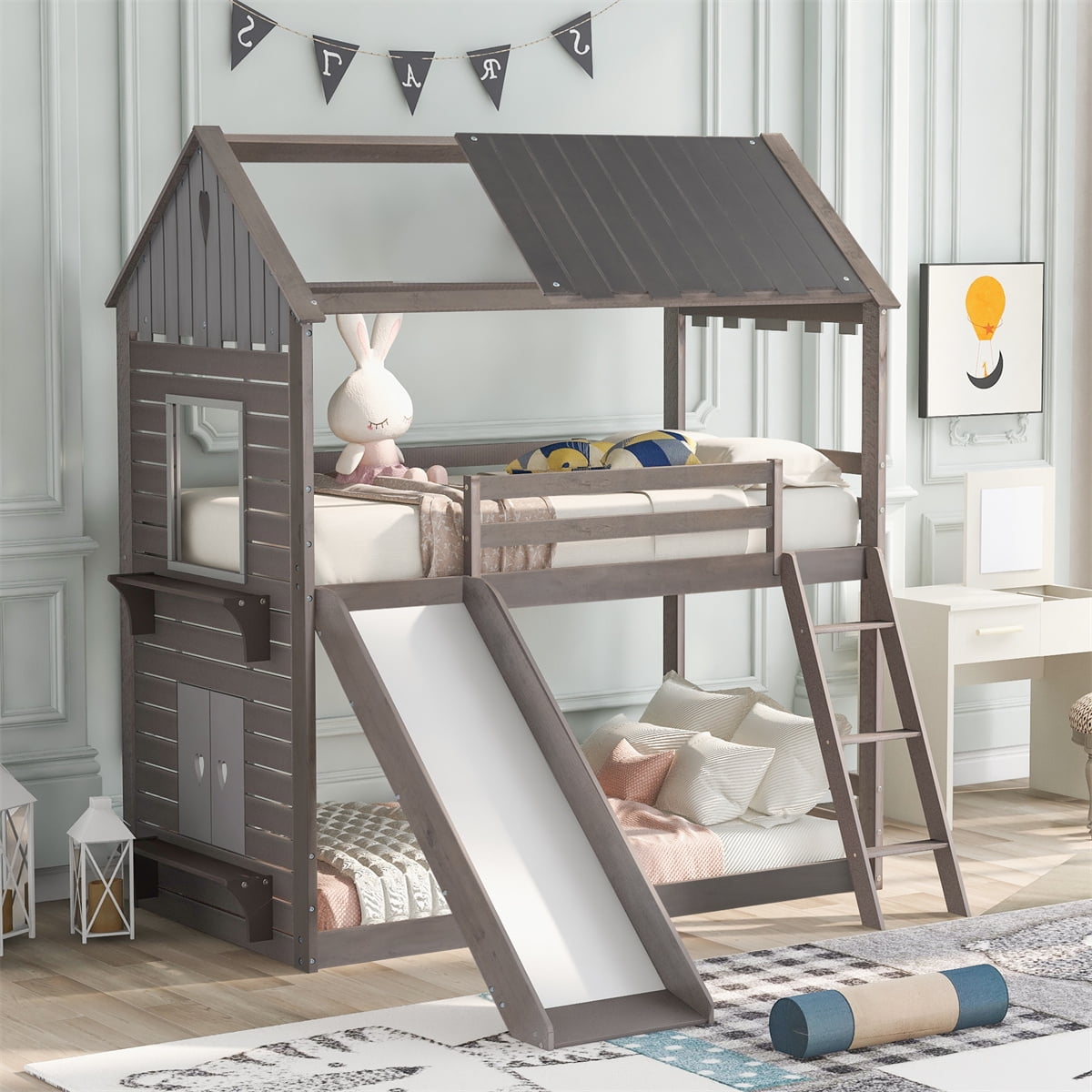 Twin Over Twin Bunk Bed with Roof & Window, Wood Loft Bed Frame Twin ...