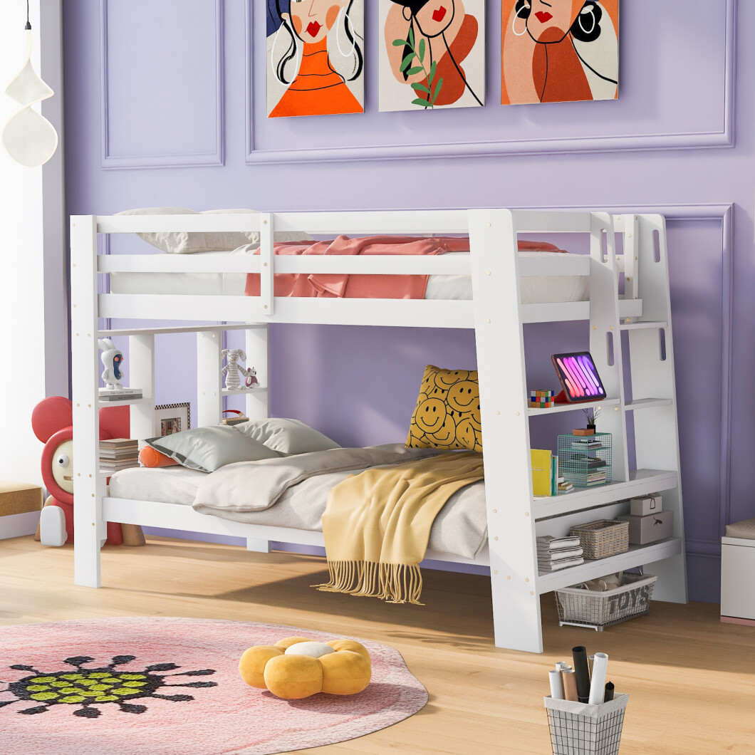 Twin Over Twin Bunk Bed with Shelves and Built-in Ladder, Solid Wood ...
