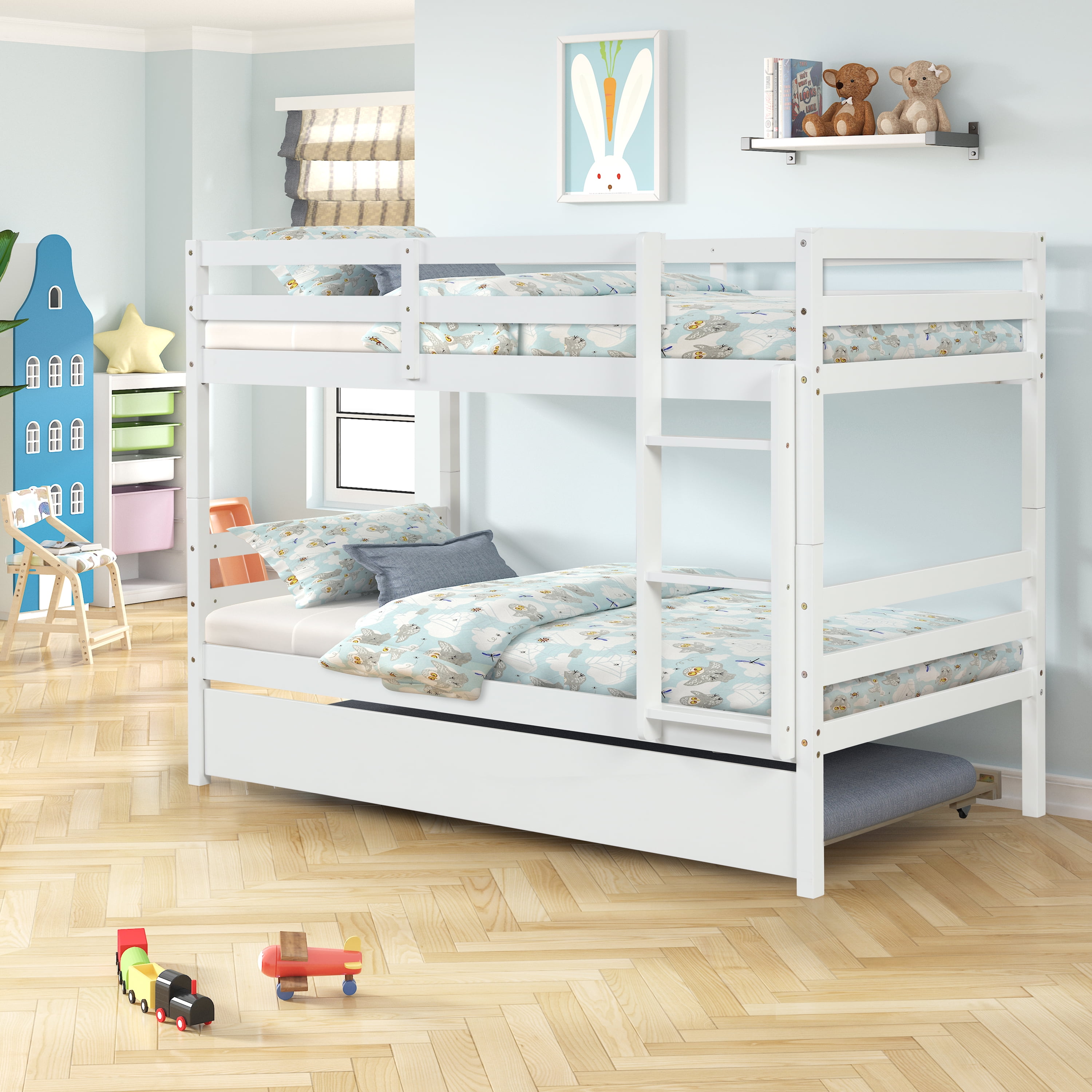 Twin Over Twin Bunk Bed with Twin Size Trundle, Solid Wood Bunk Beds ...