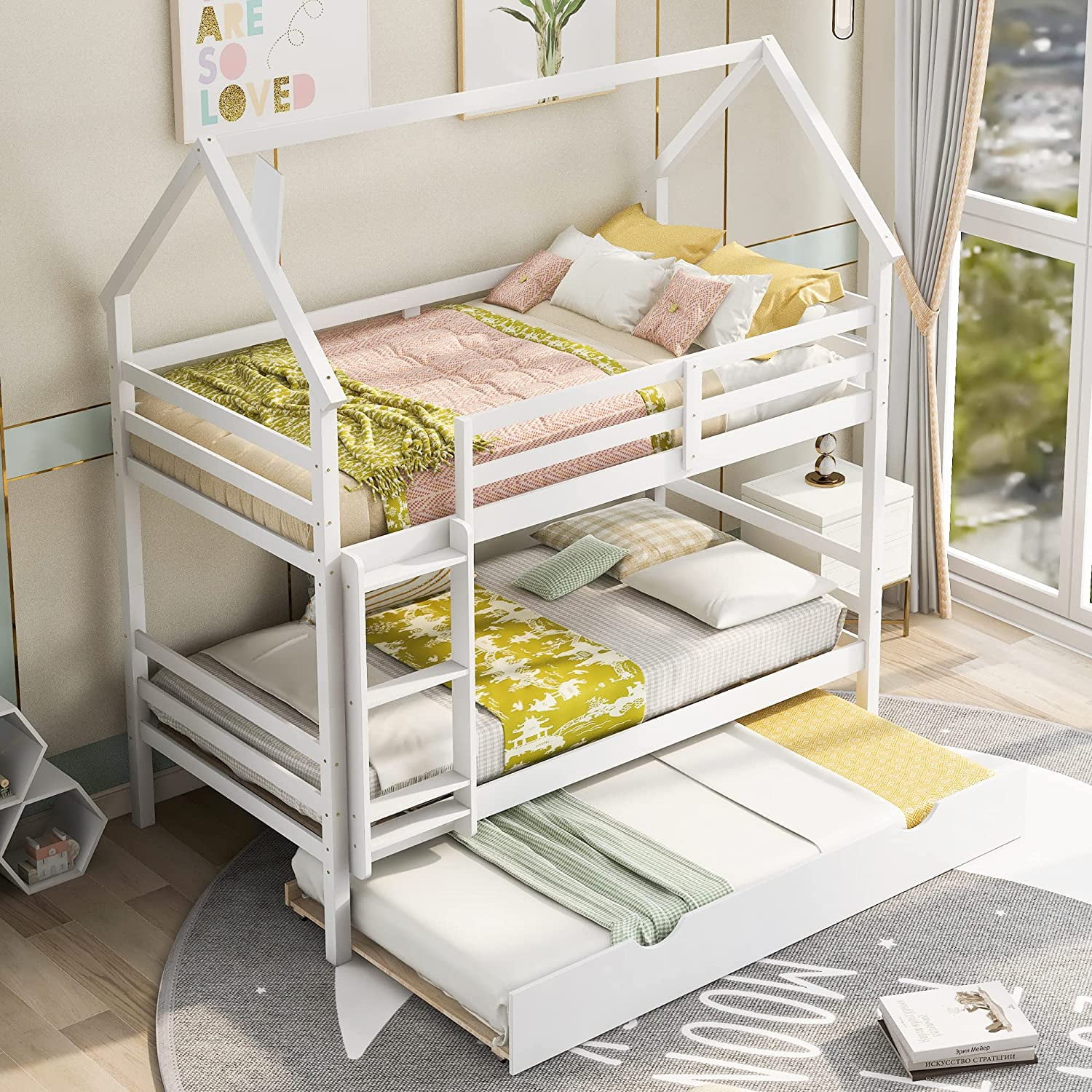 Twin Over Twin Bunk Bed with Slide Heavy Duty Twin/Twin Low Bunk Frame ...