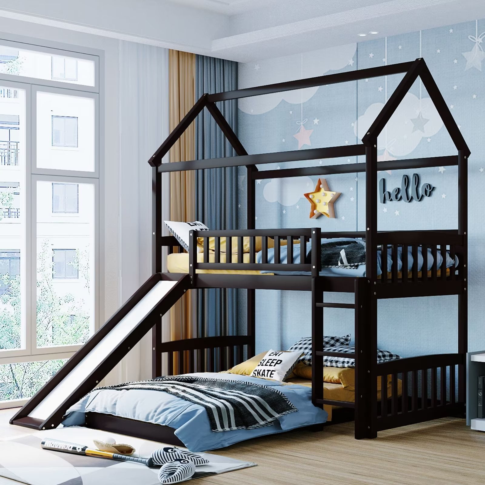 Twin Over Twin Bunk Bed with Slide for Kids, Solid Wood House Bed Frame ...
