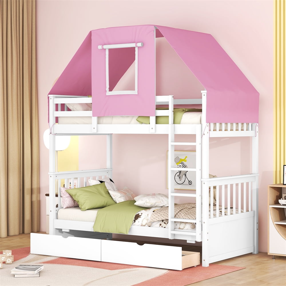 Twin Over Twin Bunk Bed with Tent and Drawers, Solid Wood Bed Frame ...