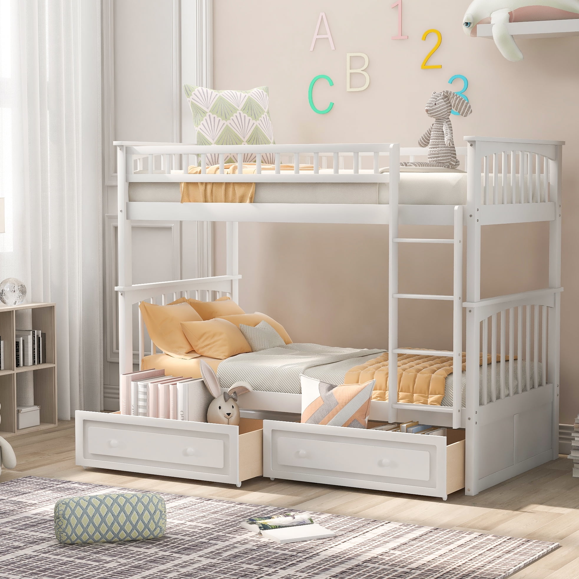 Twin Over Bunk Bed With Drawers, White - Convertible, Bedroom Object ...