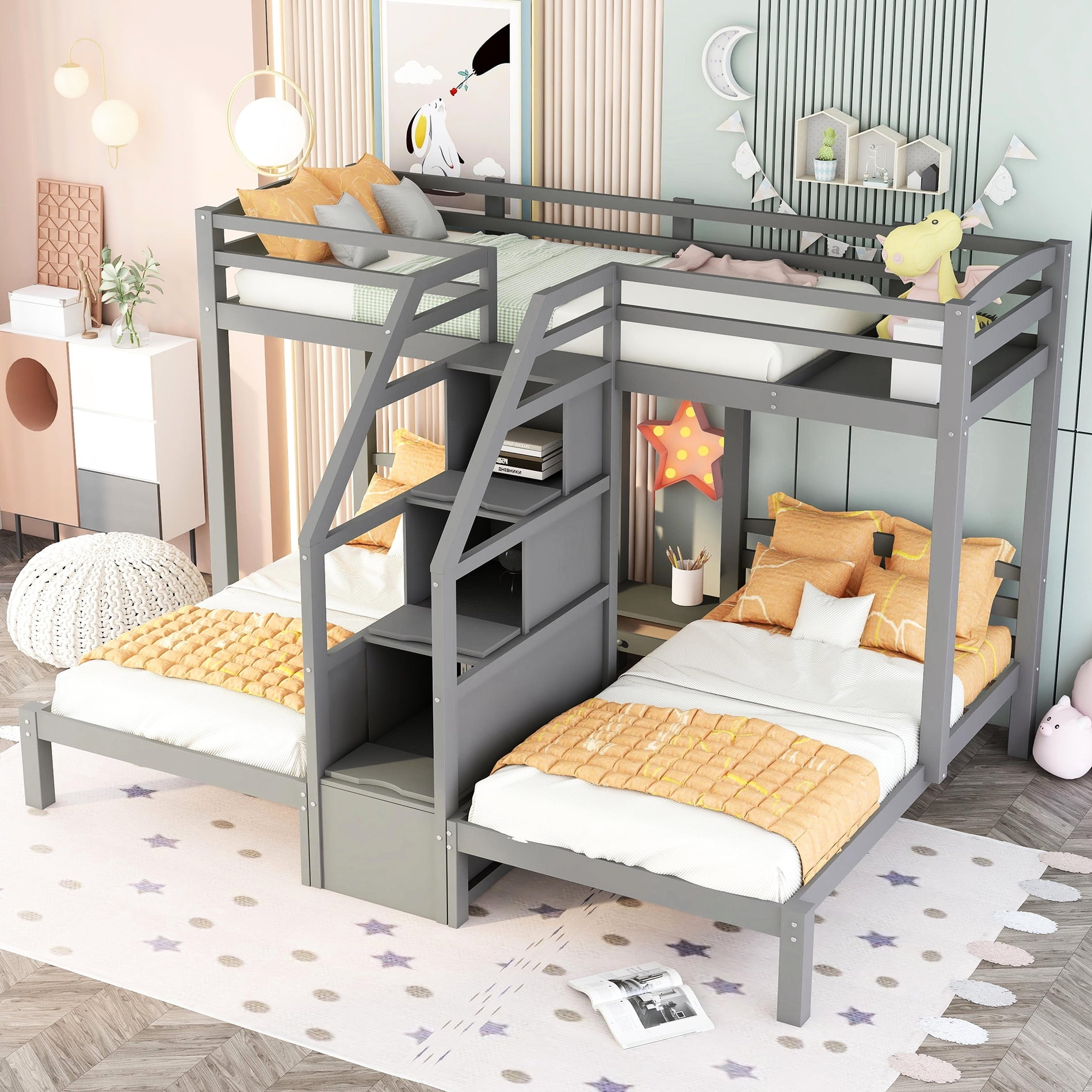 Twin Over & Bunk Bed With Storage Drawer In Gray - Convenient For Daily ...