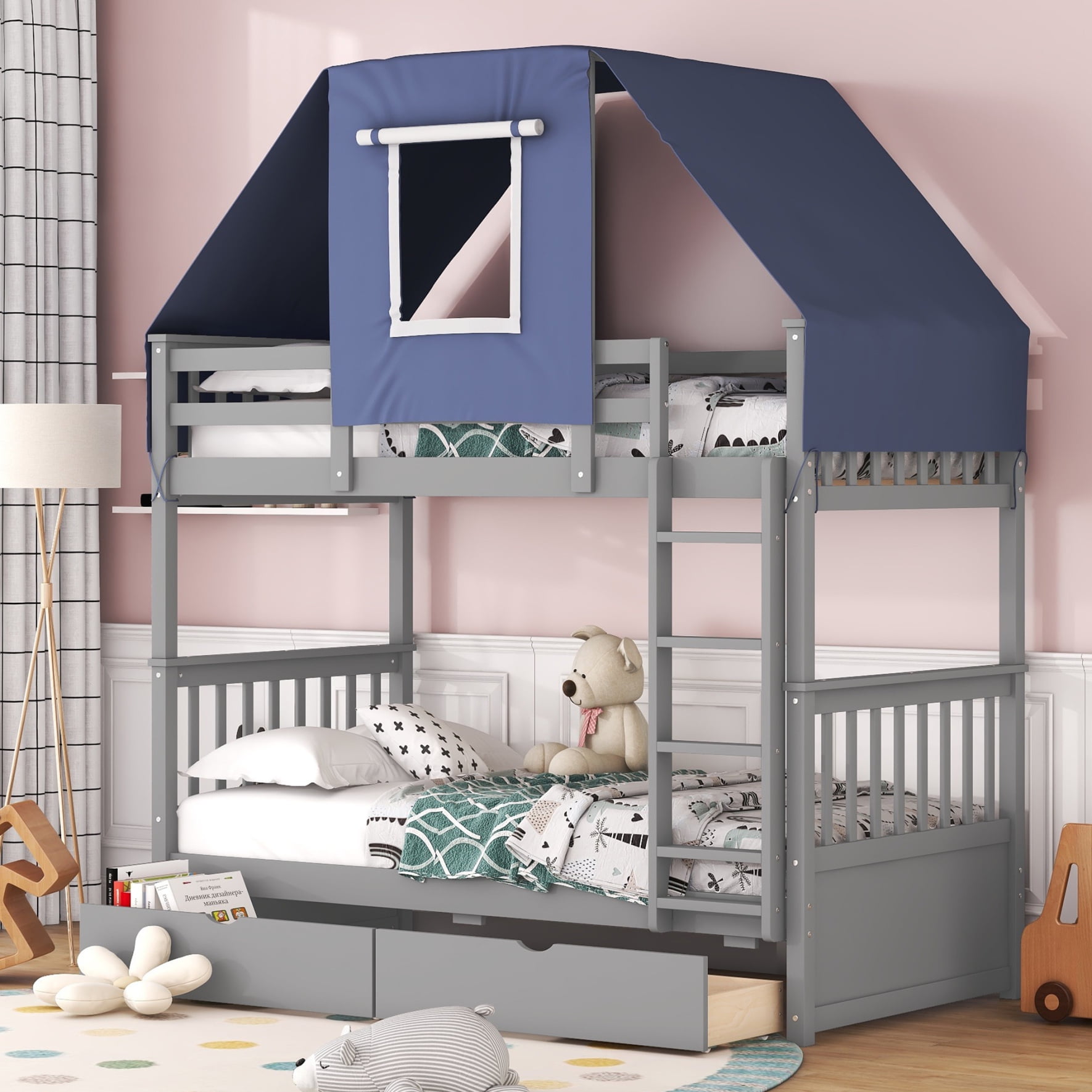 Twin Over Twin Bunk Bed, Wood House Bed with Tent, 2 Drawers, Build-in ...