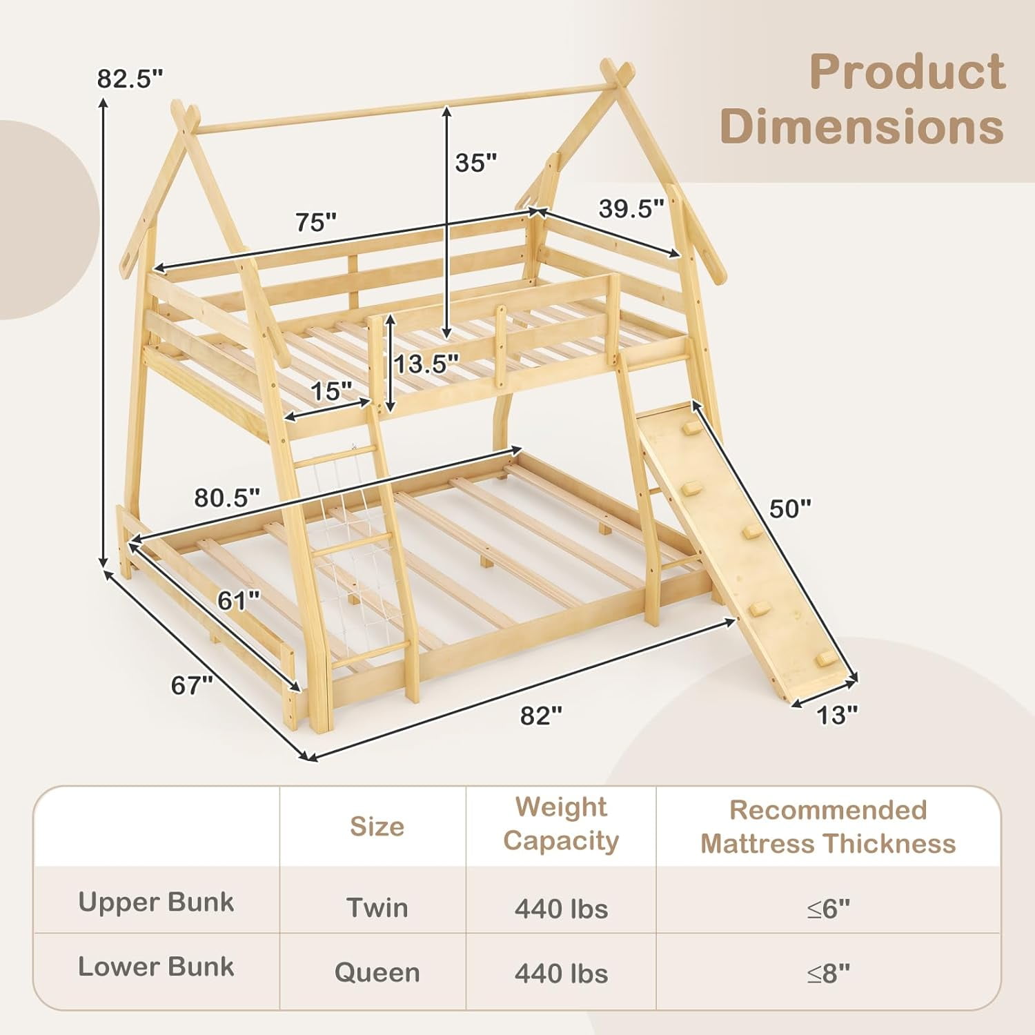 Twin Over Bunk Bed with Climbing and Ramp, Solid Wood Low Frame for ...