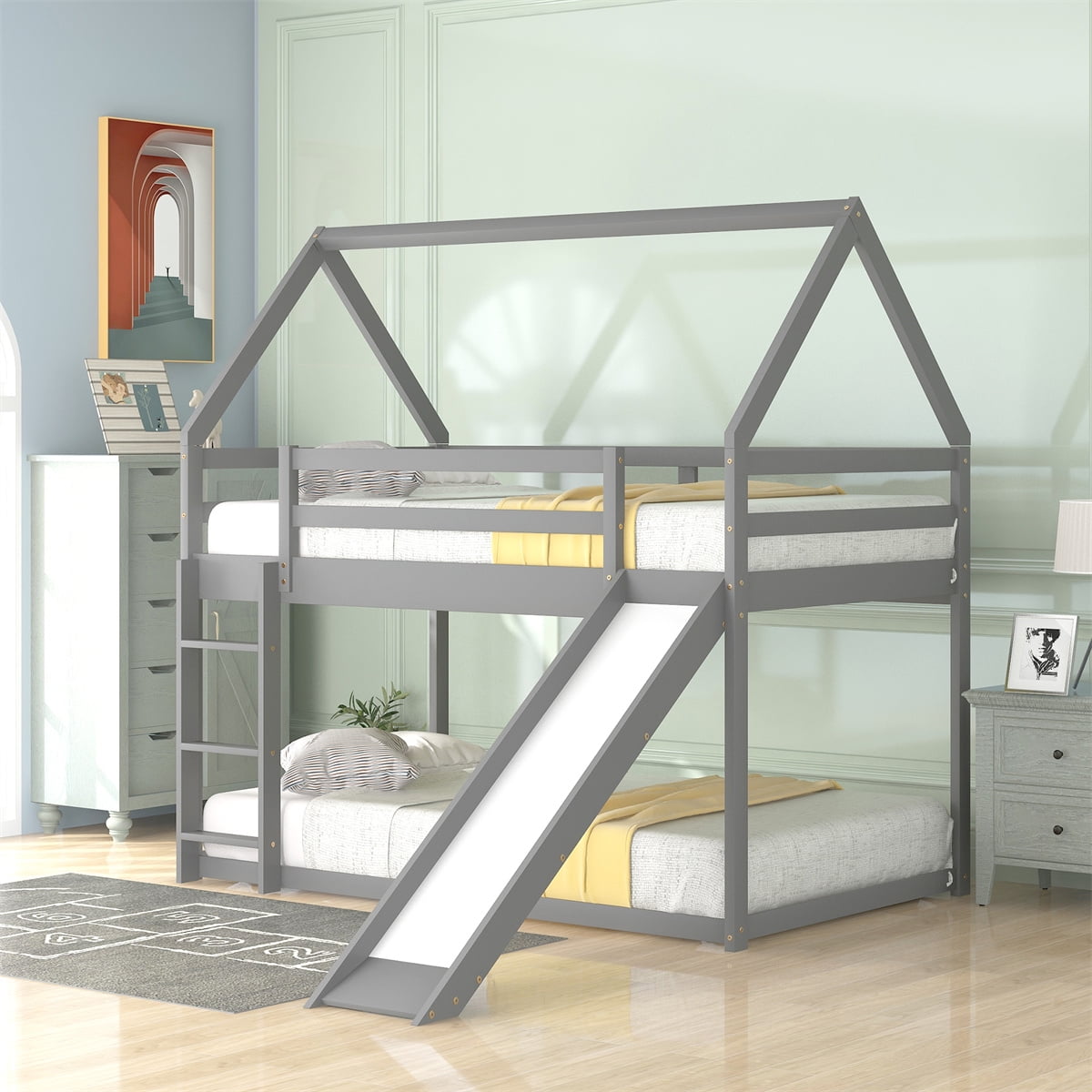 Twin Over Twin Bunk House Bed with Ladder and Safety Guardrail, Bunk ...