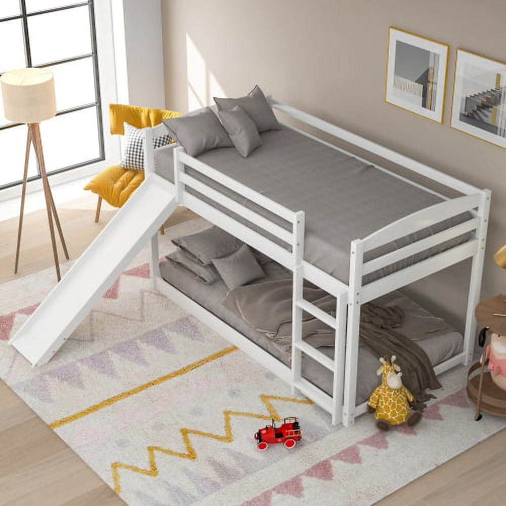 Twin Over Twin Floor Bunk Bed with Convertible Slide and Ladder, Low ...