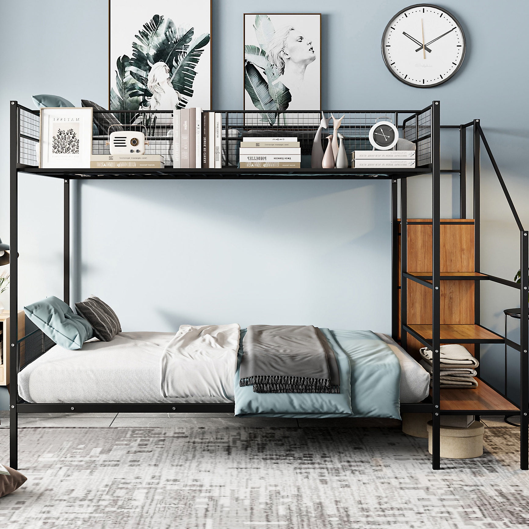 Twin Over Full Black Metal Bunk / Step Ladder with Storage and Built-in ...