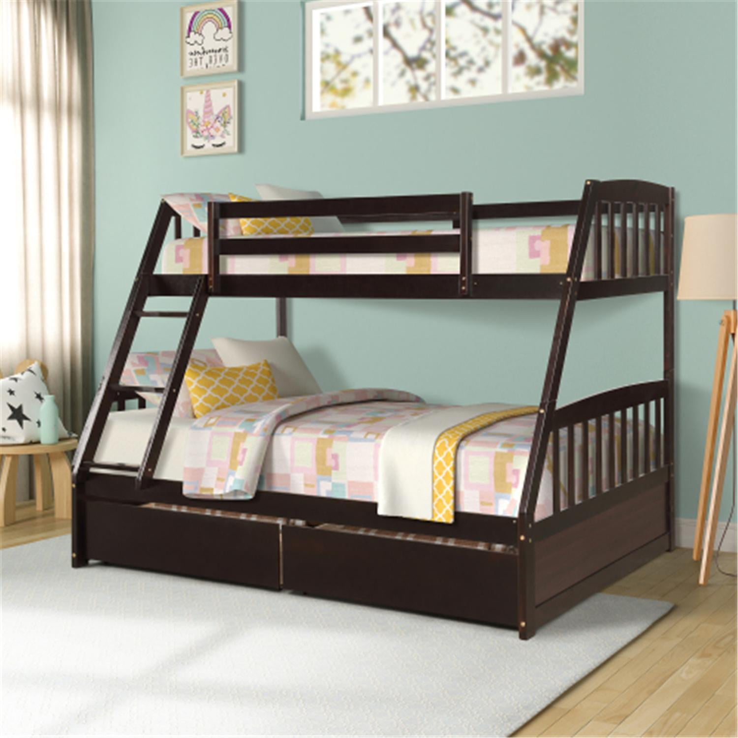 Twin Over Full Bunk Bed Frame with Two Storage Drawers and Safty Full ...