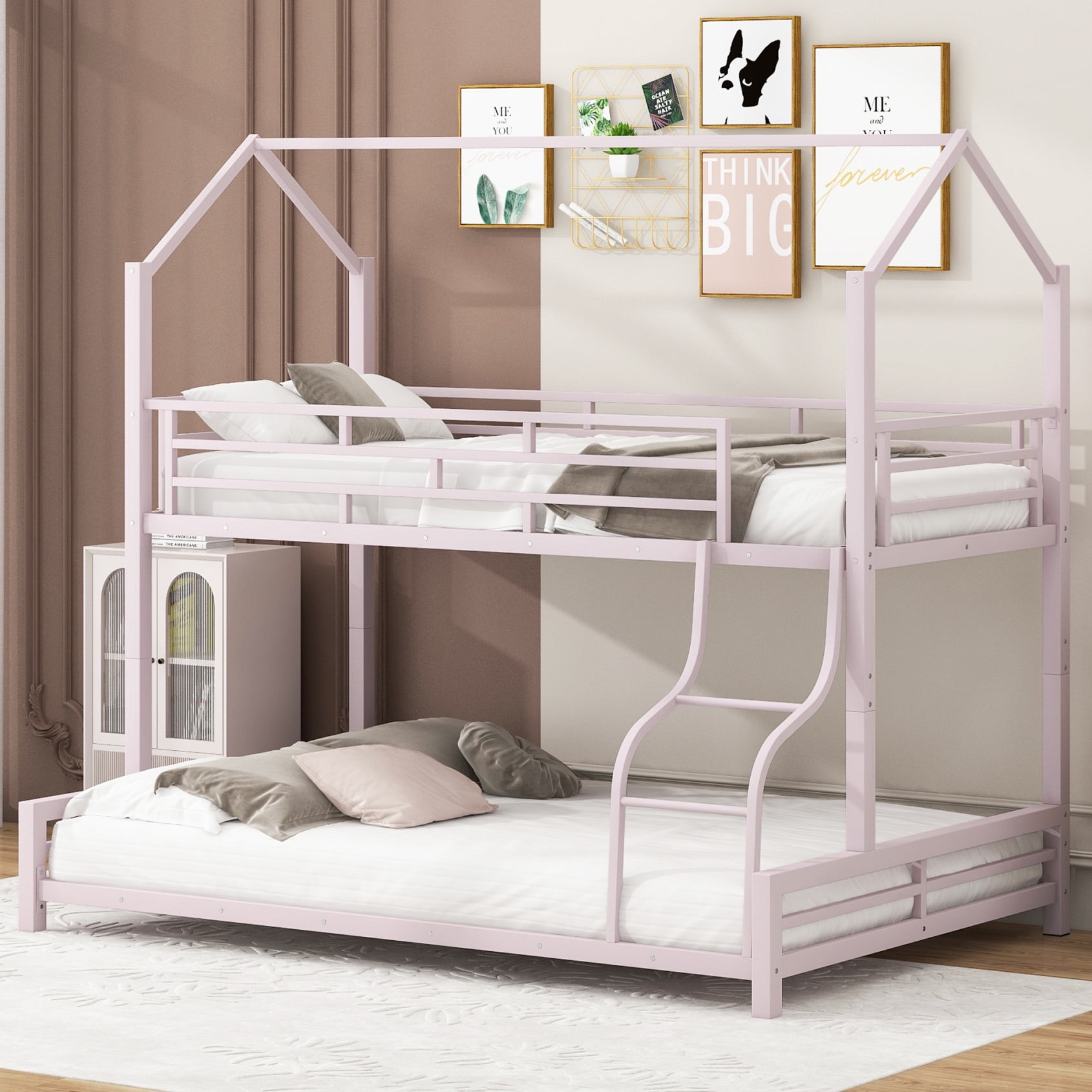 Twin-Over-Full Bunk Bed with Ladder and Safety Rails, Mental Floor Bunk ...