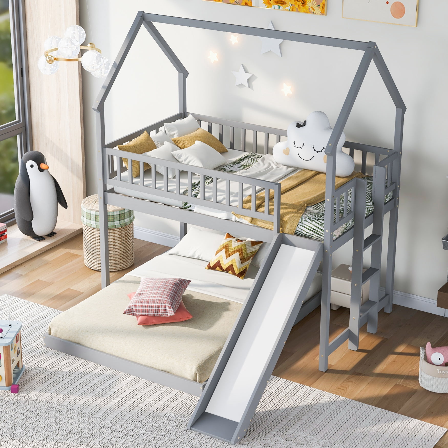 Twin Over Full Bunk Bed with Slide, House Bunk Bed with Built-in Ladder ...