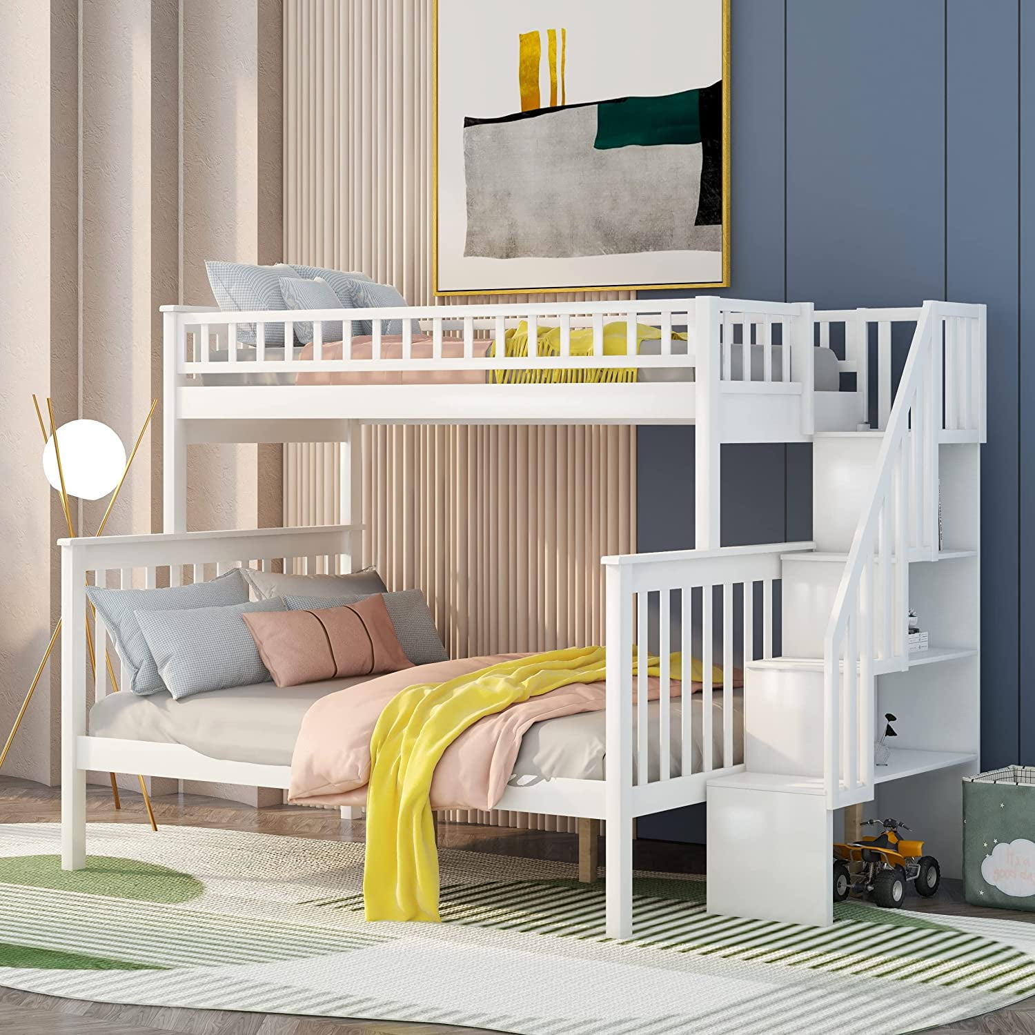 Twin Over Full Bunk Bed, Solid Wood Stairs Bunk Beds for Kids with ...