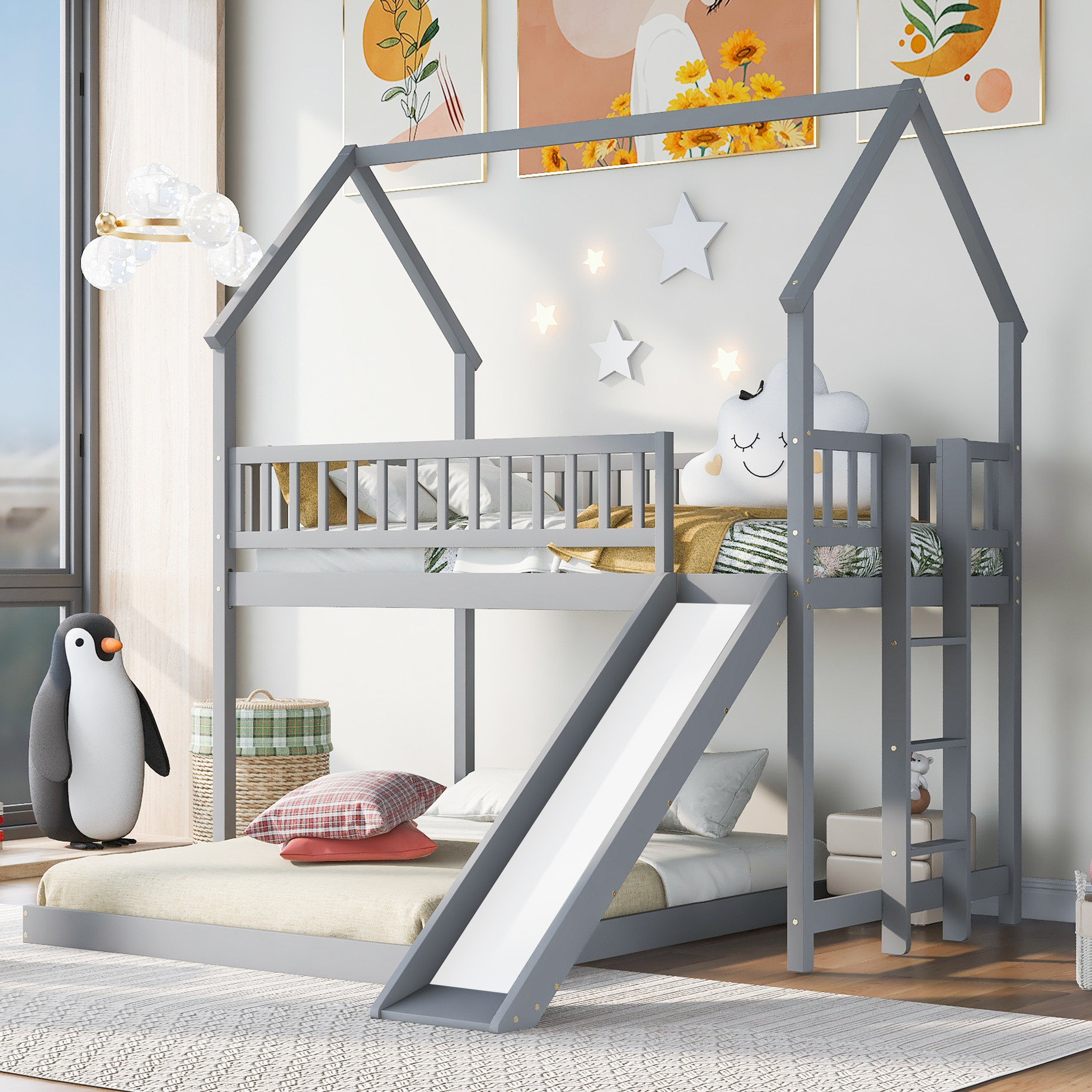Twin Over Full Bunk Bed With Slide, , Guardrail In Gray Finish Slide ...