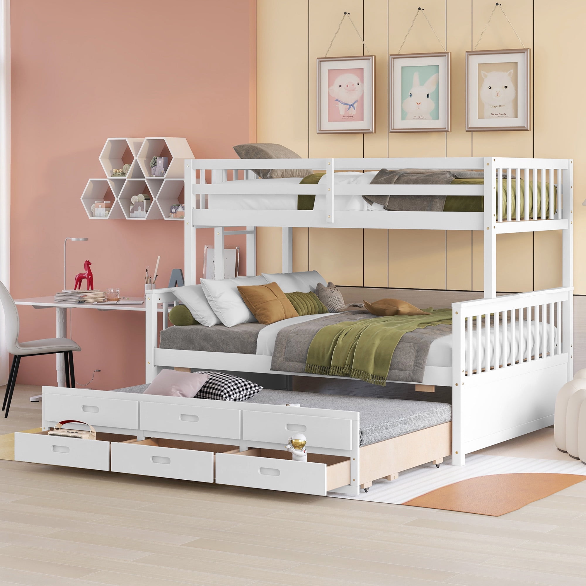 Twin-Over-Full Bunk Bed With Twin Size Trundle , Separable Bunk Bed With Drawers For Bedroom ...