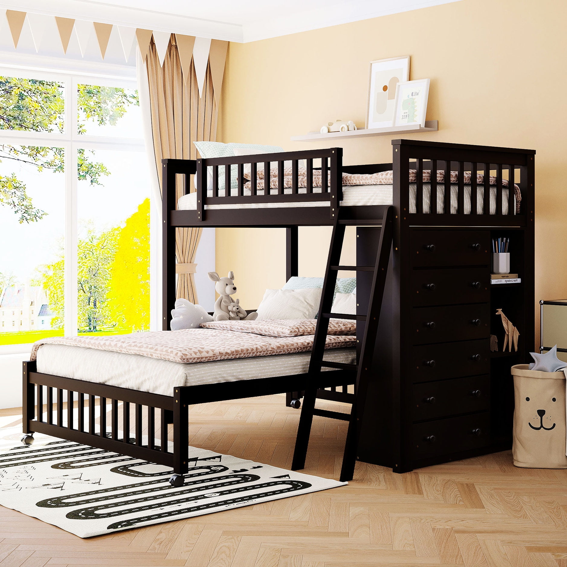 Twin-Over-Full Bunk Bed with Five-Step Staircase, Six Drawers, and ...