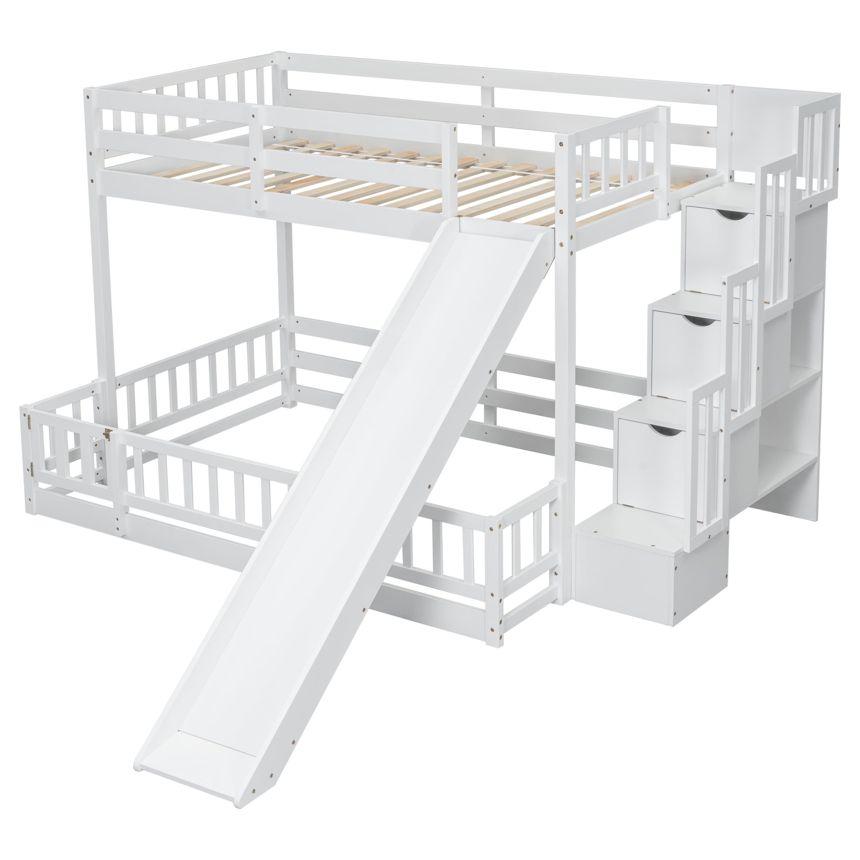 Twin Over Full Bunk Bed with Slide and Storage Staircase, Pine Wood ...