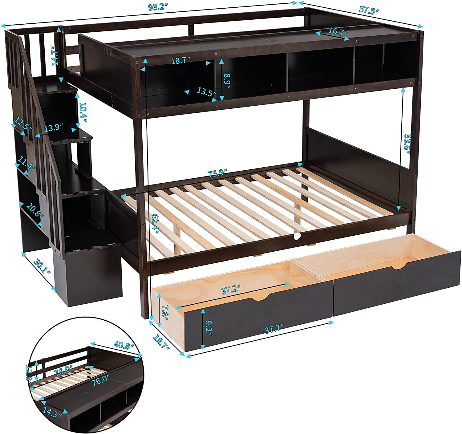 Twin Over Full Bunk Bed with Stairs & Storage Cabinets, Espresso ...