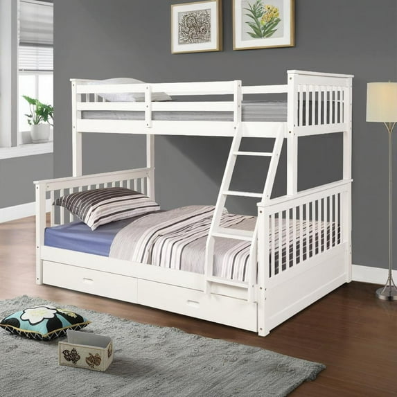 Twin Over Full Bunk Bed with Storage Drawers, Wooden Bunk Bed with Ladder and Safety Guard Rails ...