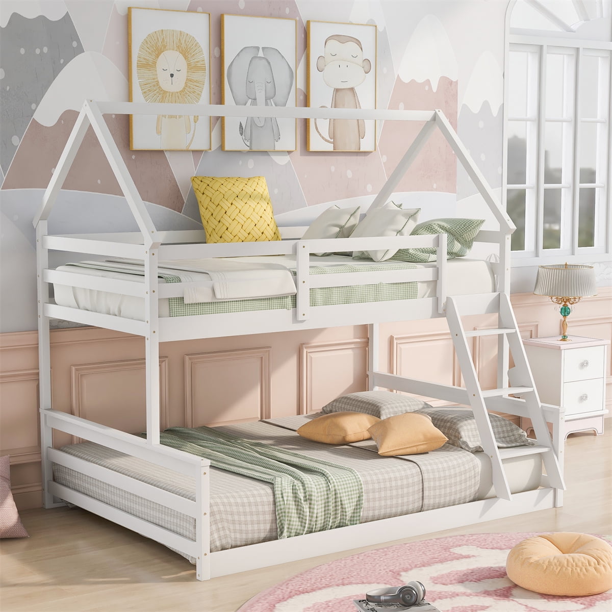 Twin Over Full House Bunk Bed with Built-in Ladder, Solid Wood Bunk Bed ...