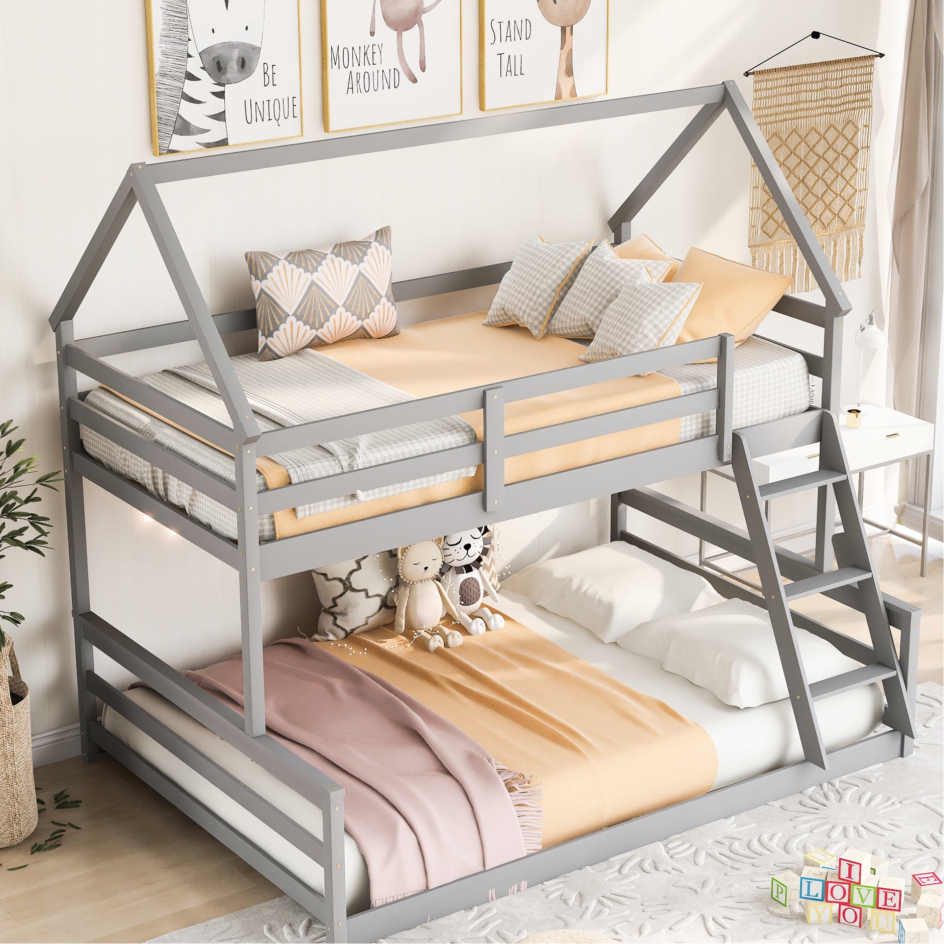 Twin Over Full House Bunk Bed In Gray - Versatile Option For Growing ...