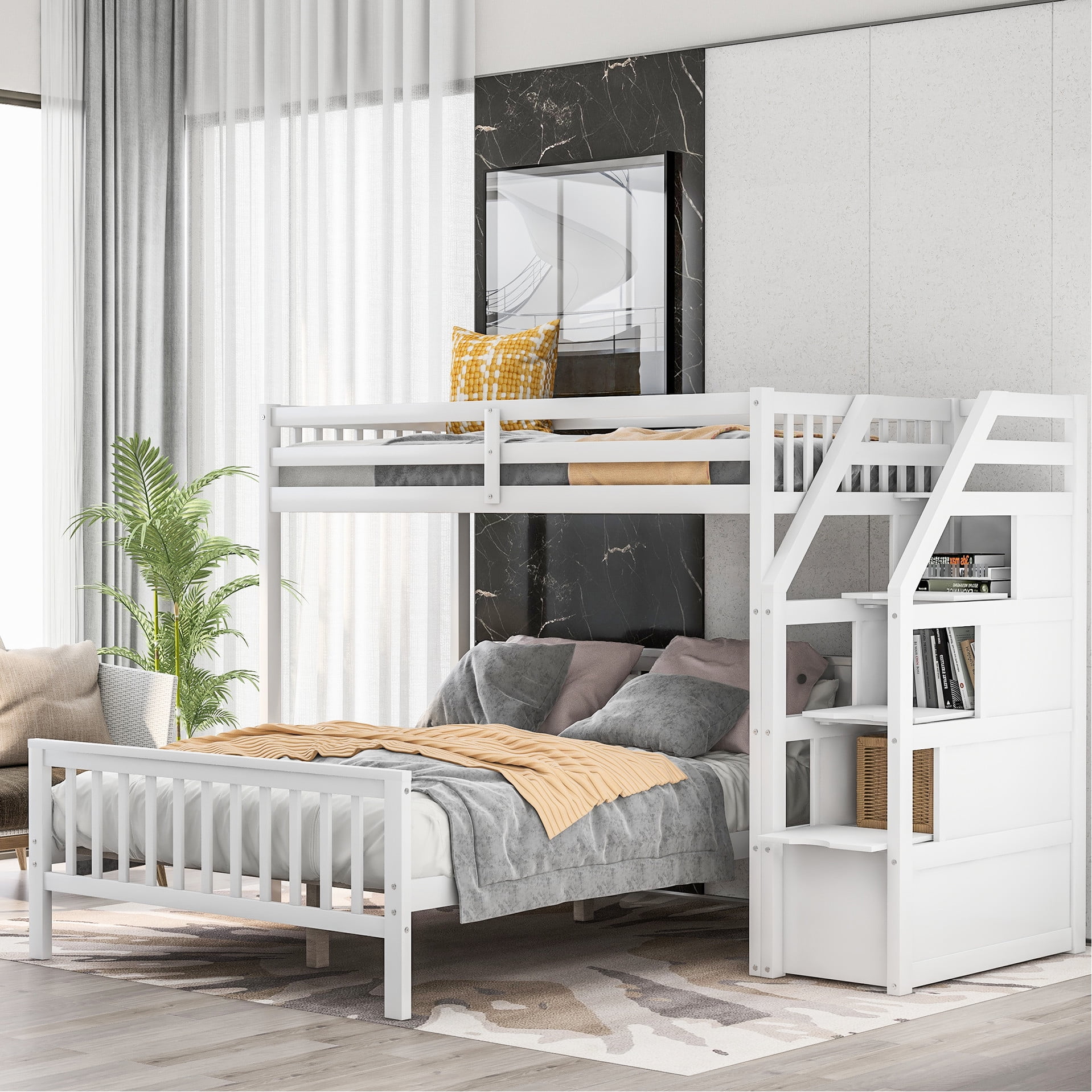 Twin Over Full Loft Bed With Staircase In White - Separate Down Bed ...