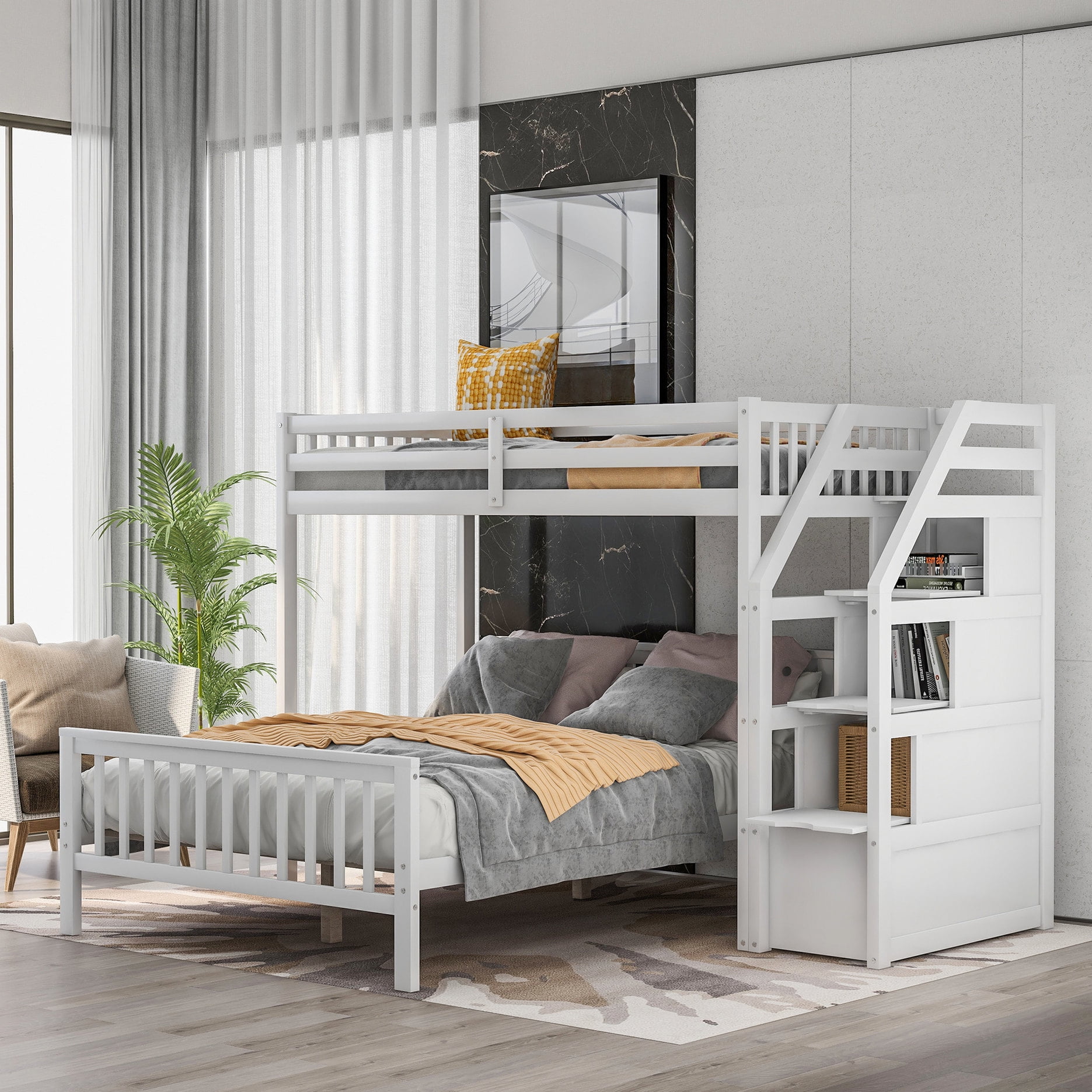 Twin Over Full Loft Bed With Staircase - White, Attractive Storage ...