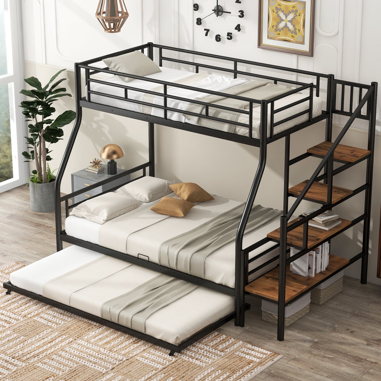 Twin Over Full Metal Bunk Bed with Trundle and Storage Staircase, Bunk ...