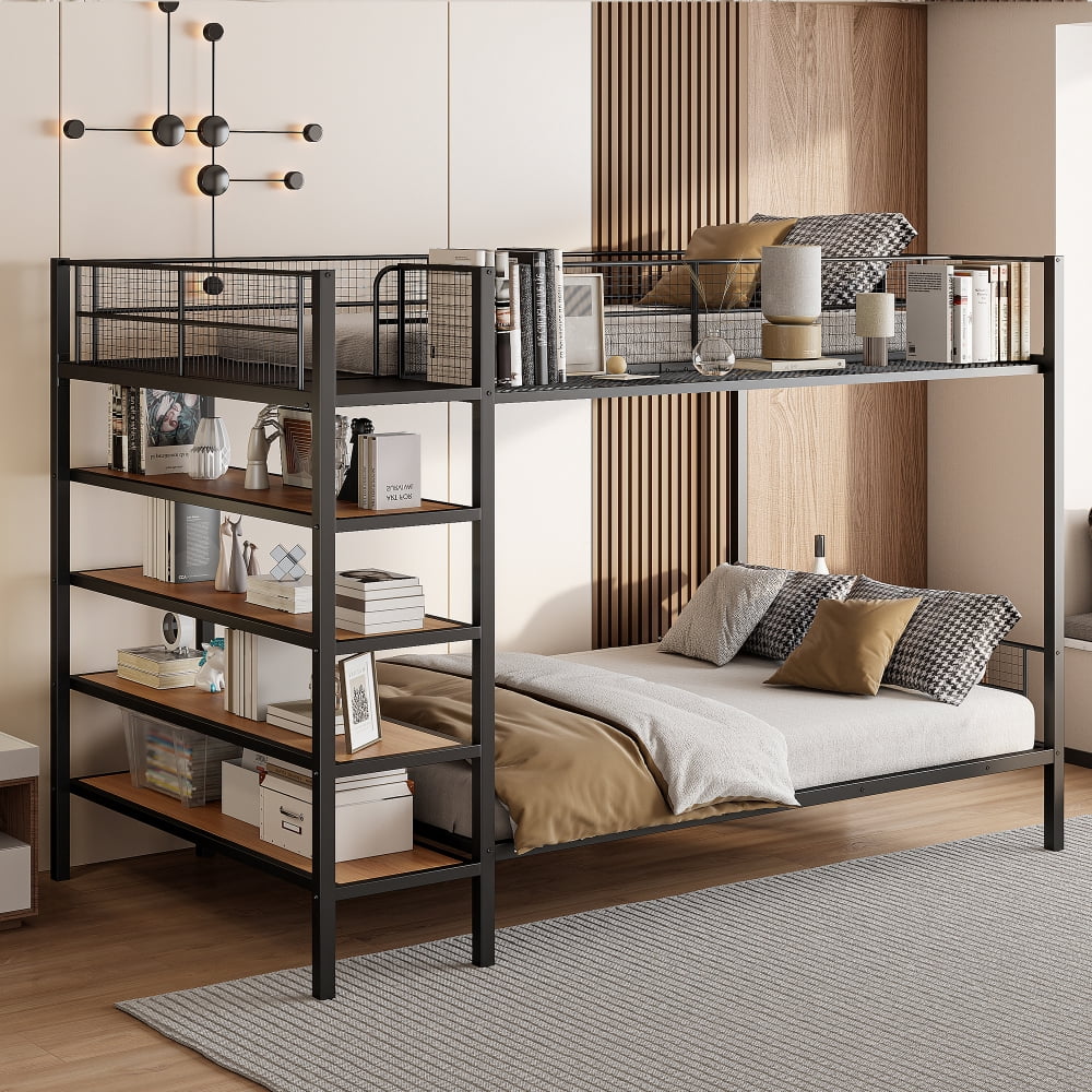 Twin Over Full Metal Bunk Bed with 5-Tier Shelves,Bunk Bed Frame with ...