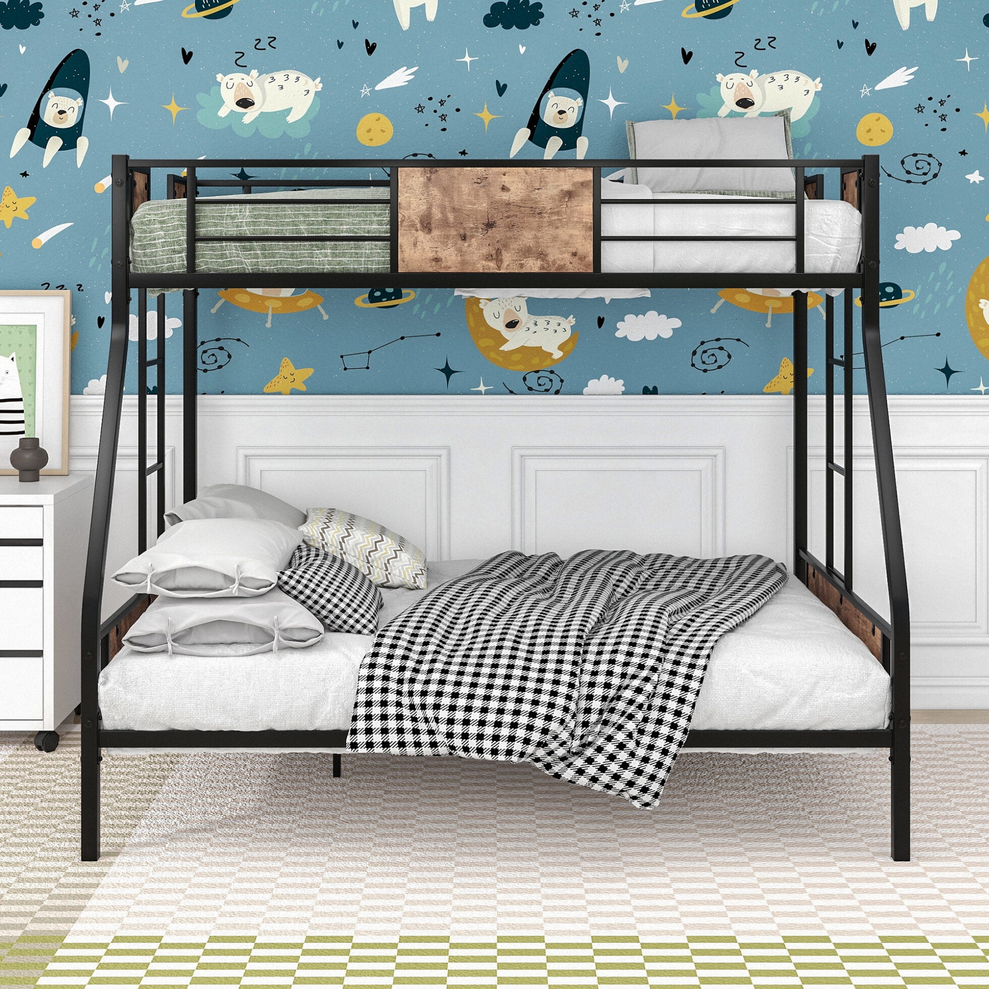Twin Over Full Size Bunk Bed Frame with Stairs & Full-Length Guardrail ...