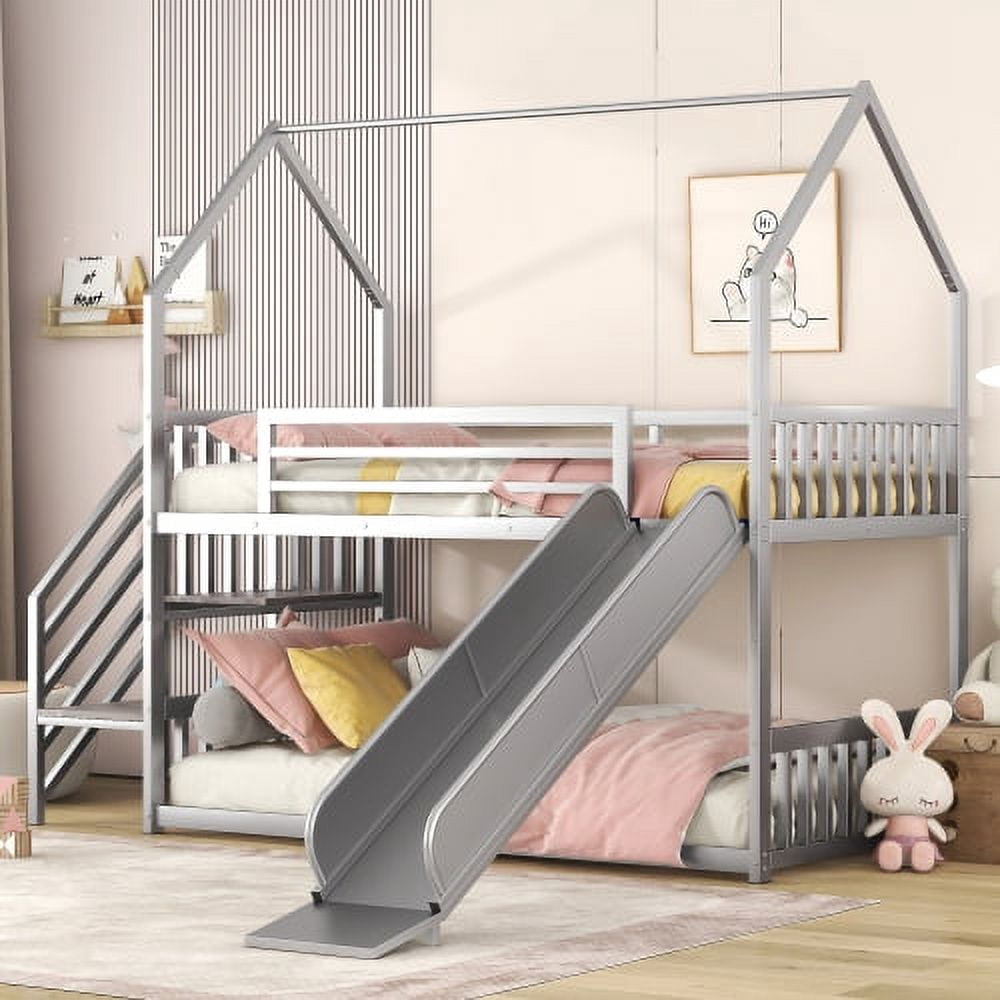 Twin Over Twin House Bunk Bed with Convertible Slide and Staircase ...