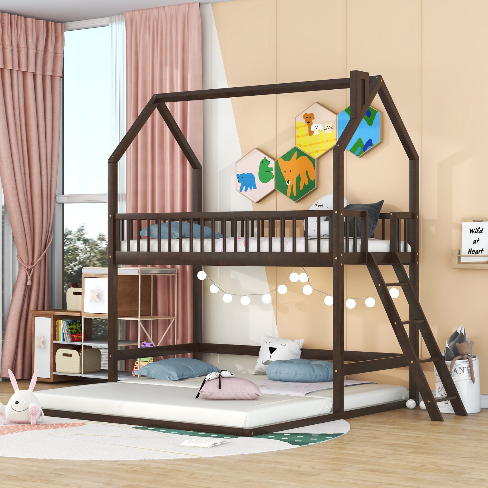 Twin Over Twin House Bunk Bed with Roof, Floor Bunk Bed with Extending ...