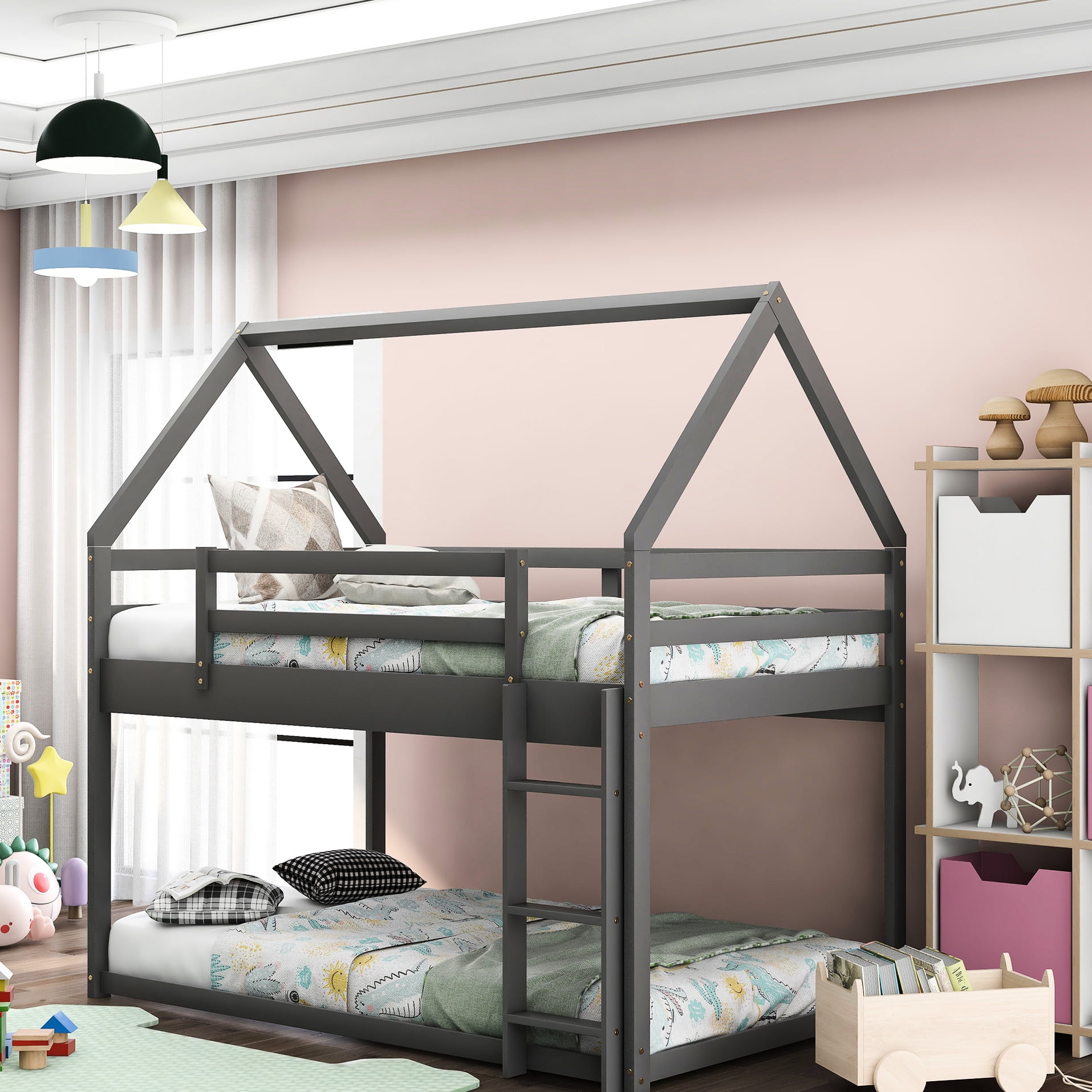 Twin Over Low Bunk, Gray - House Bed For Secure Rest With Bunk In House ...