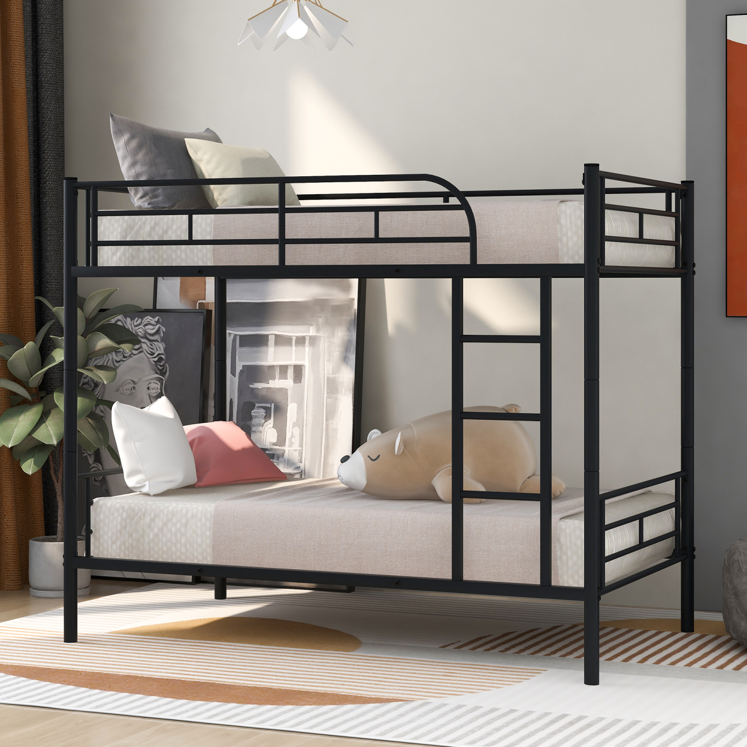 Twin Over Twin Meal Bunk Bed with Steel Ladder and Safety Guard Rail ...
