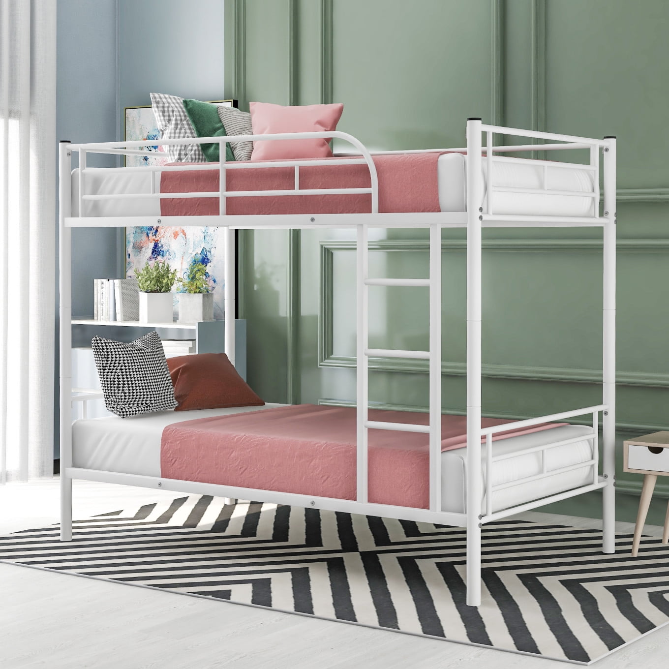 Twin Over Twin Metal Bunk Bed with Full Length Gridded Guardrails ...