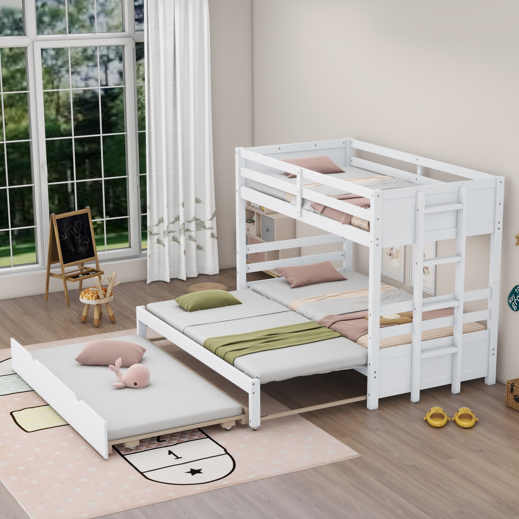 Twin Over Pull-Out Bunk Bed with Trundle, Twin Over 2 Twins & Twin ...