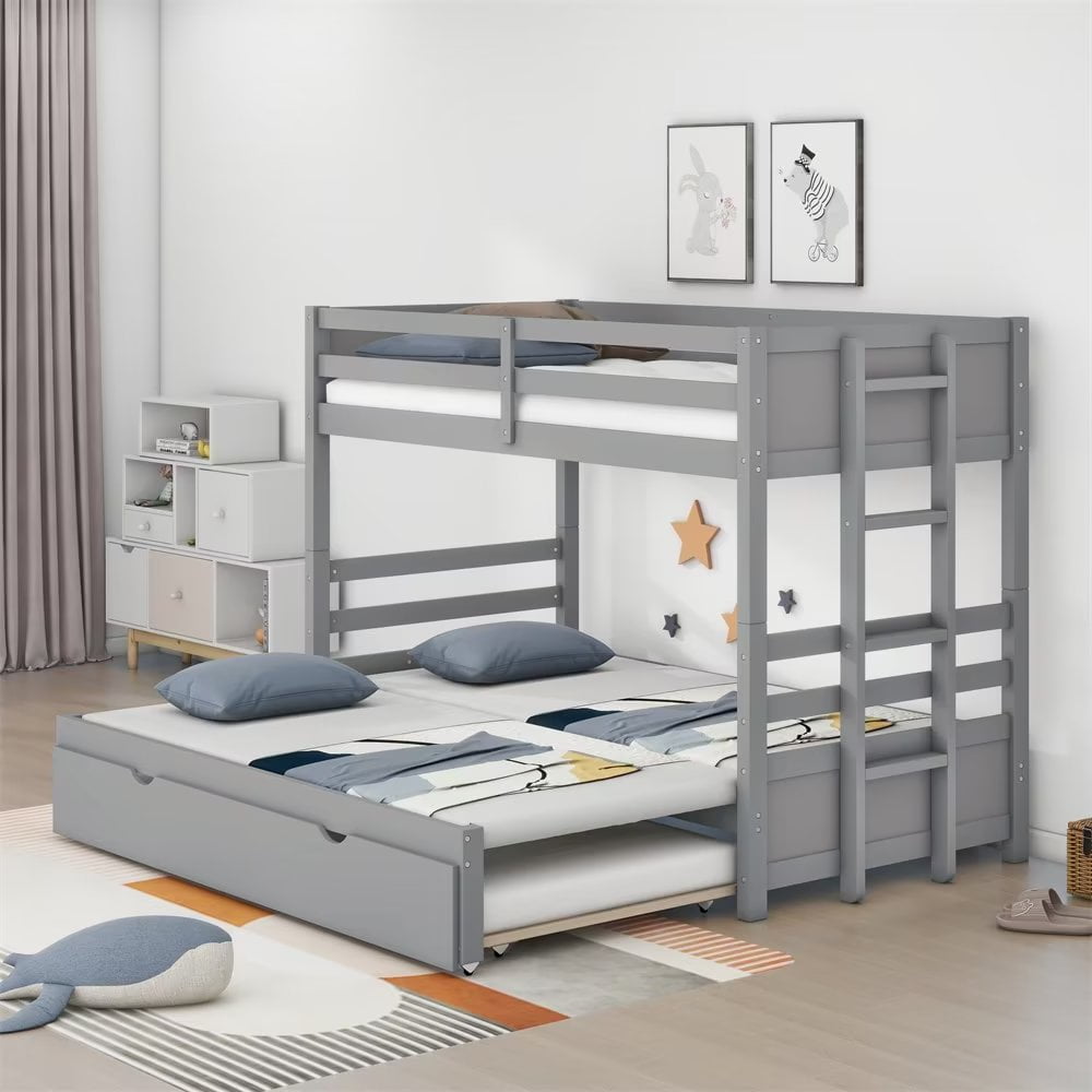 Twin Over Pull-Out Bunk Bed with Trundle, Solid Wood Bunk Bed Frame ...