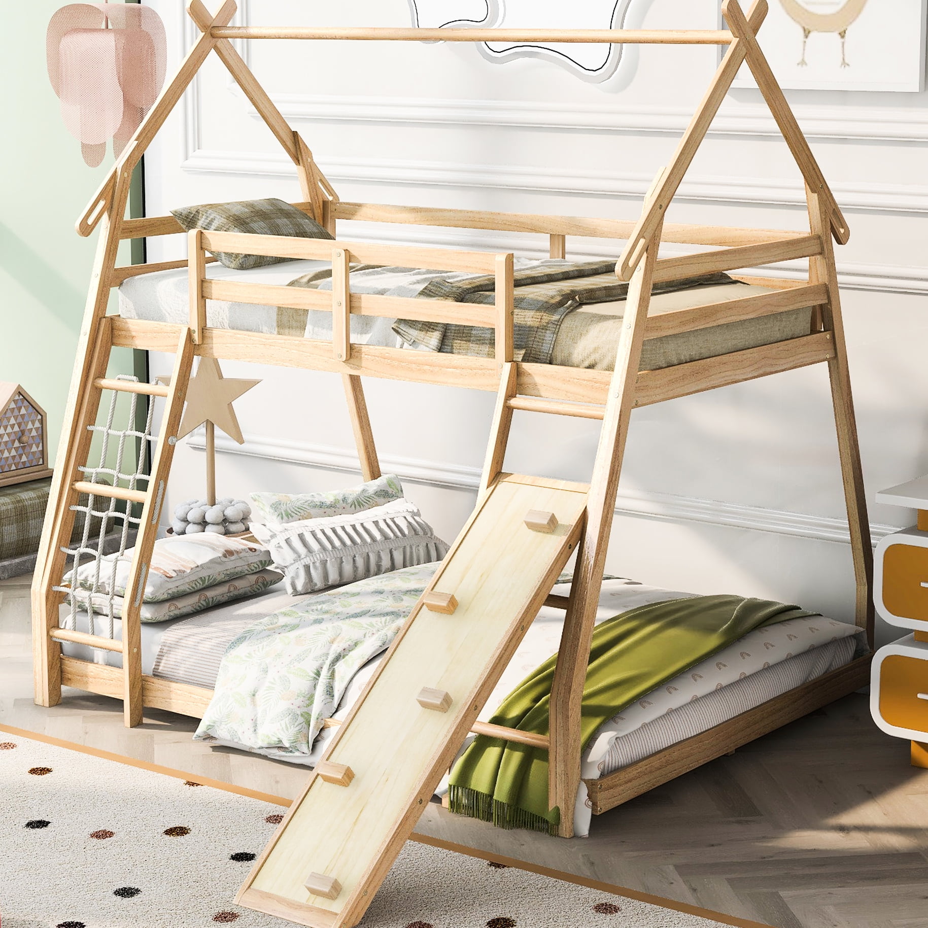 Twin Over Queen Bunk Bed With Climbing Nets And Ramp - Space Efficient ...