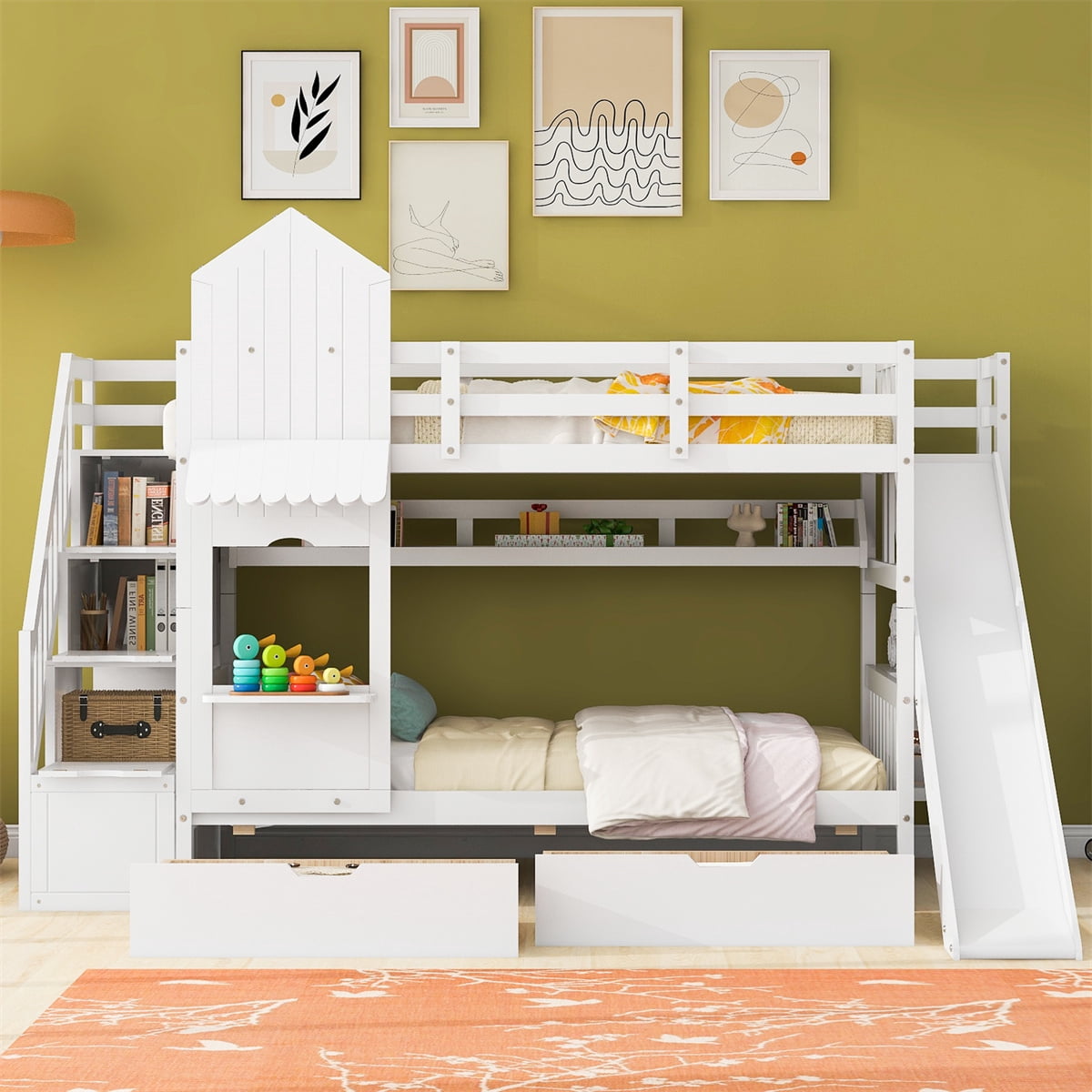 Twin-Over-Twin Bunk Bed, Castle Style Bunk Bed with 2 Drawers and 3 ...