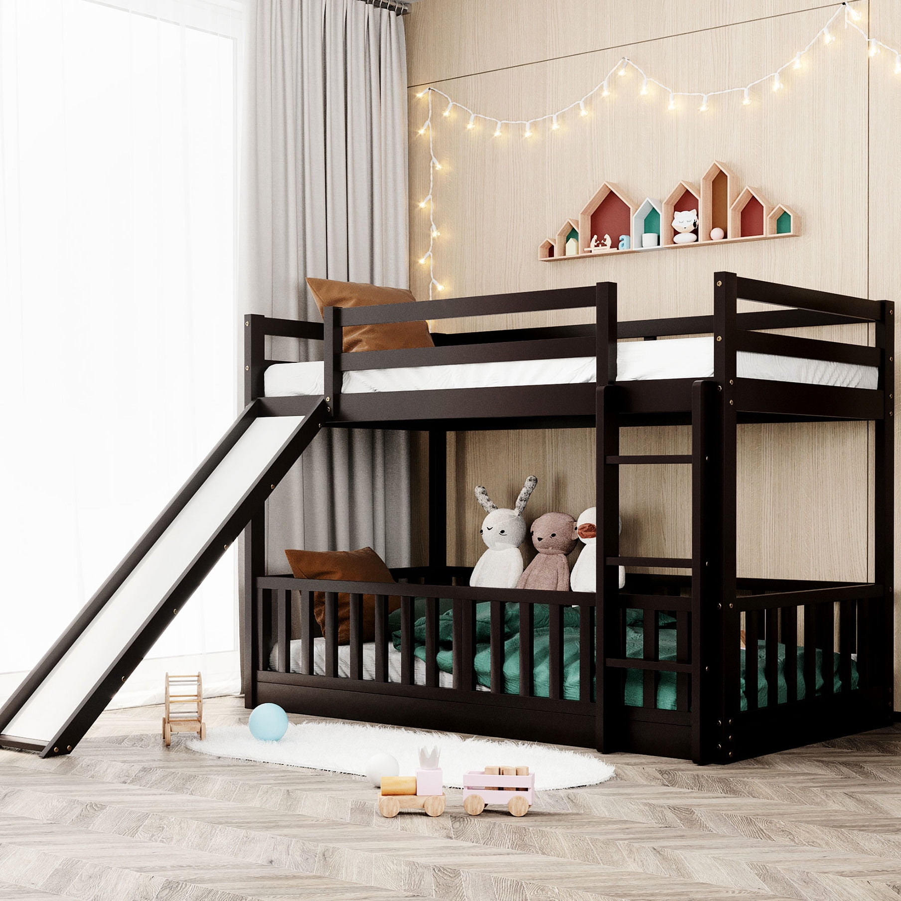 Twin Over Twin Bunk Bed, Espresso, Pine Legs for Durability and Slide ...
