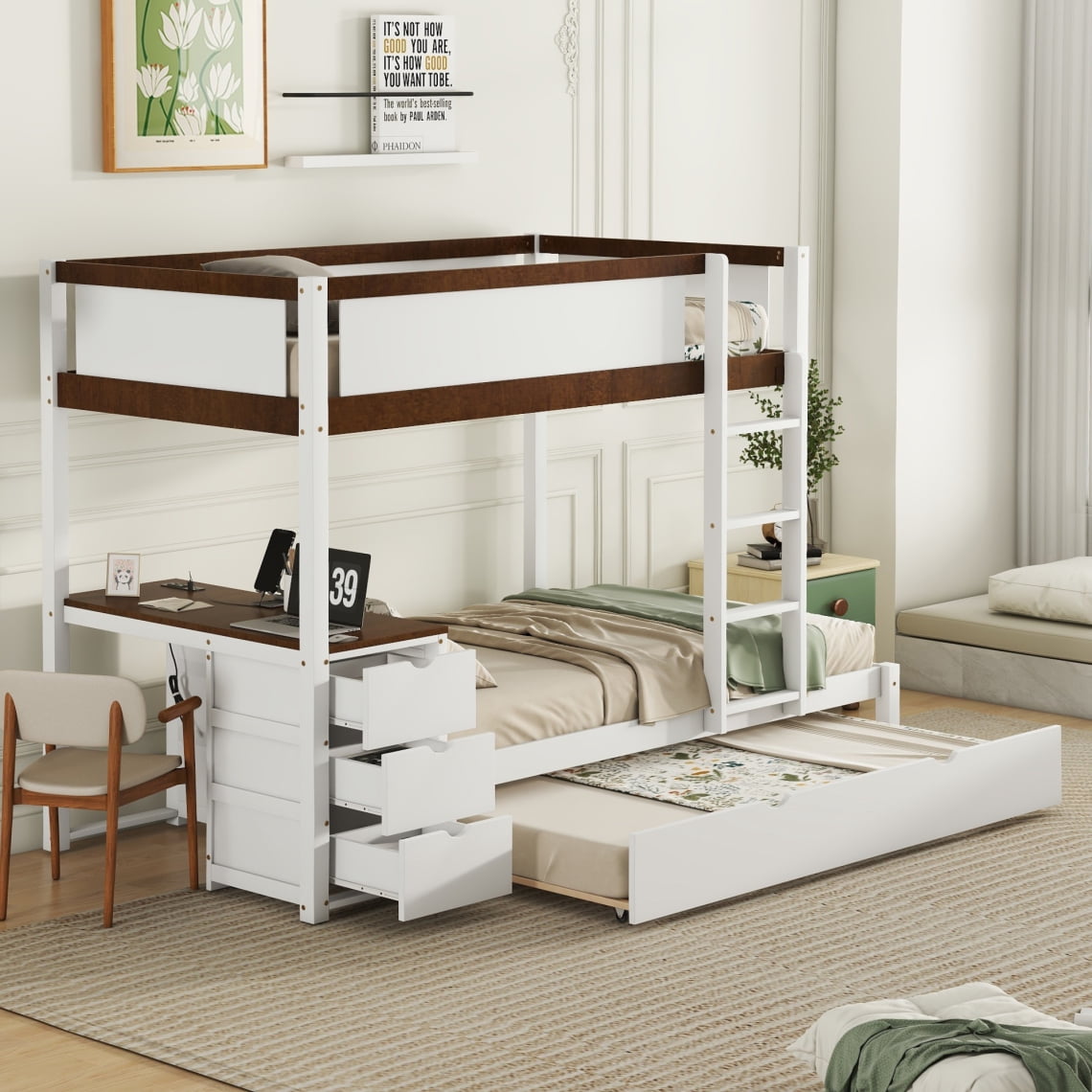 Twin-Over-Twin Bunk Bed with Stairs and Trundle, Kids Twin Size Bunk ...