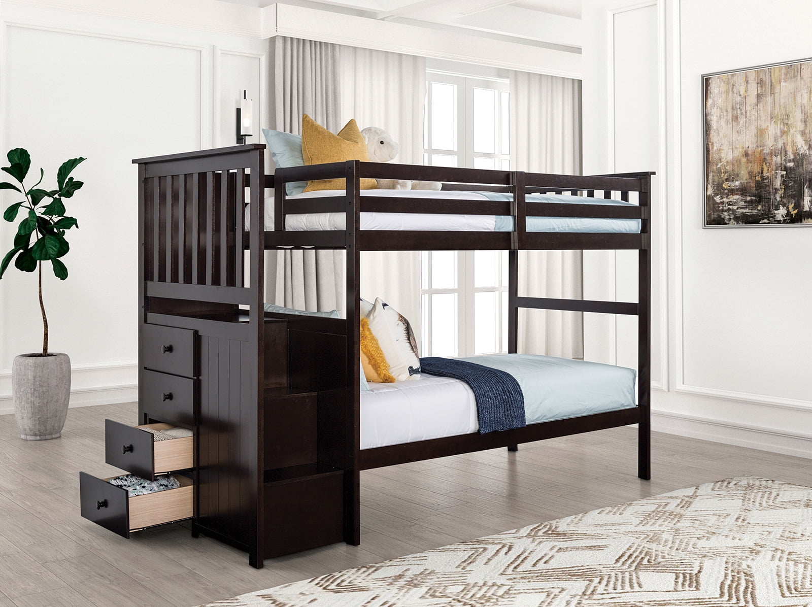 Twin Over Twin Bunk Bed Transitional Style Front Side Steps And 4 Under ...