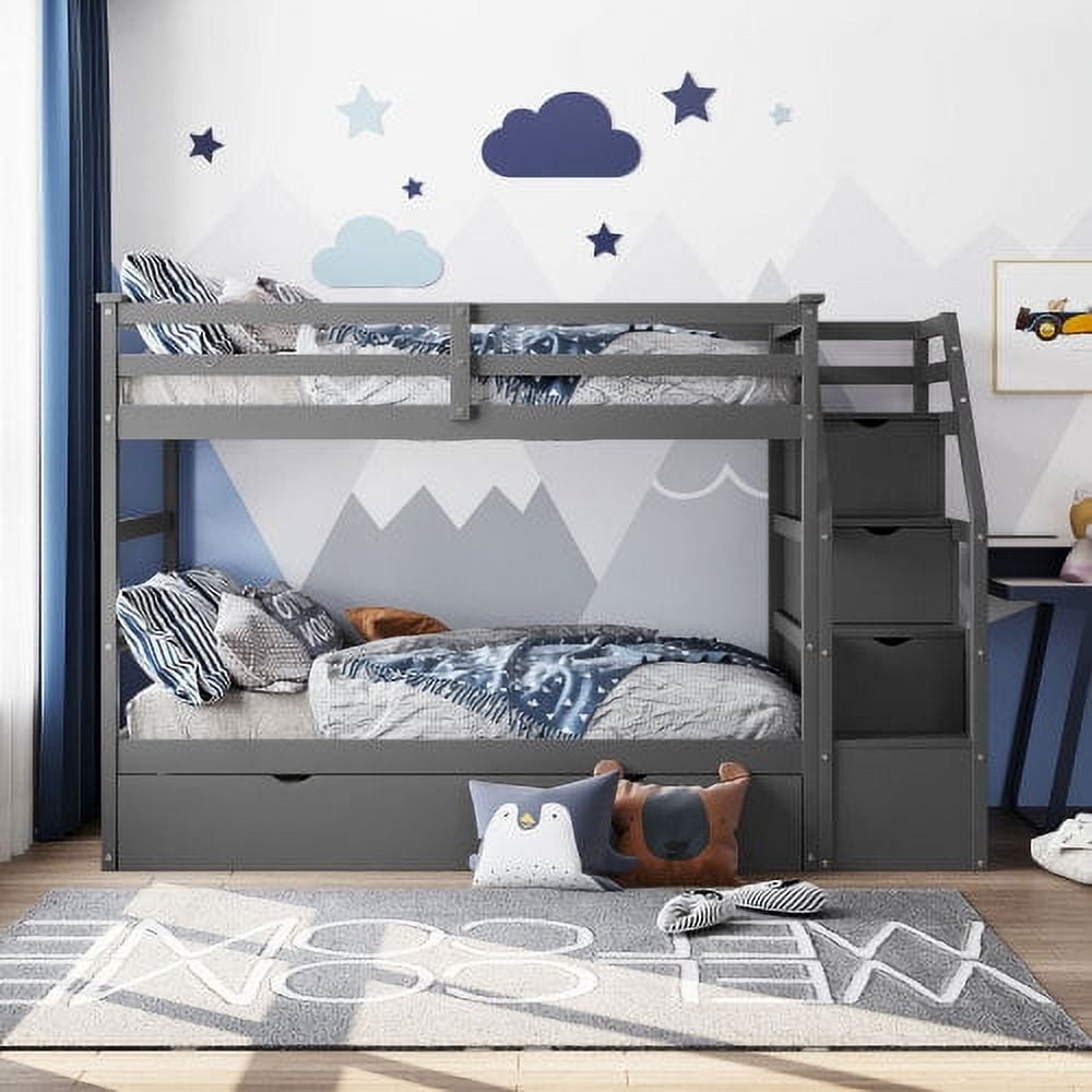 Twin-Over-Twin Bunk Bed Trundle,3 in 1 Bed Wood Bunk Bed Frame with 3 ...
