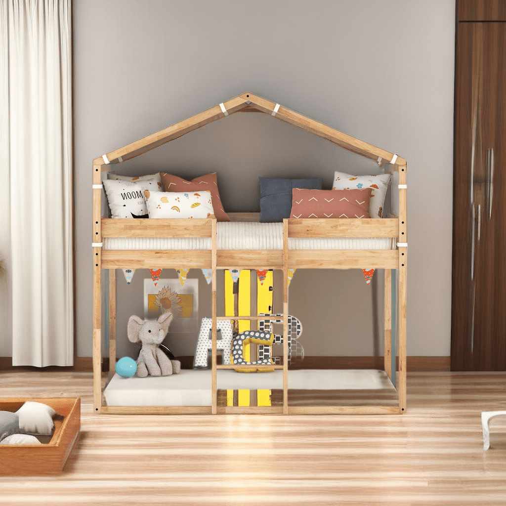 Twin Over Twin Bunk Bed Wood Bed with Tent - Walmart.com