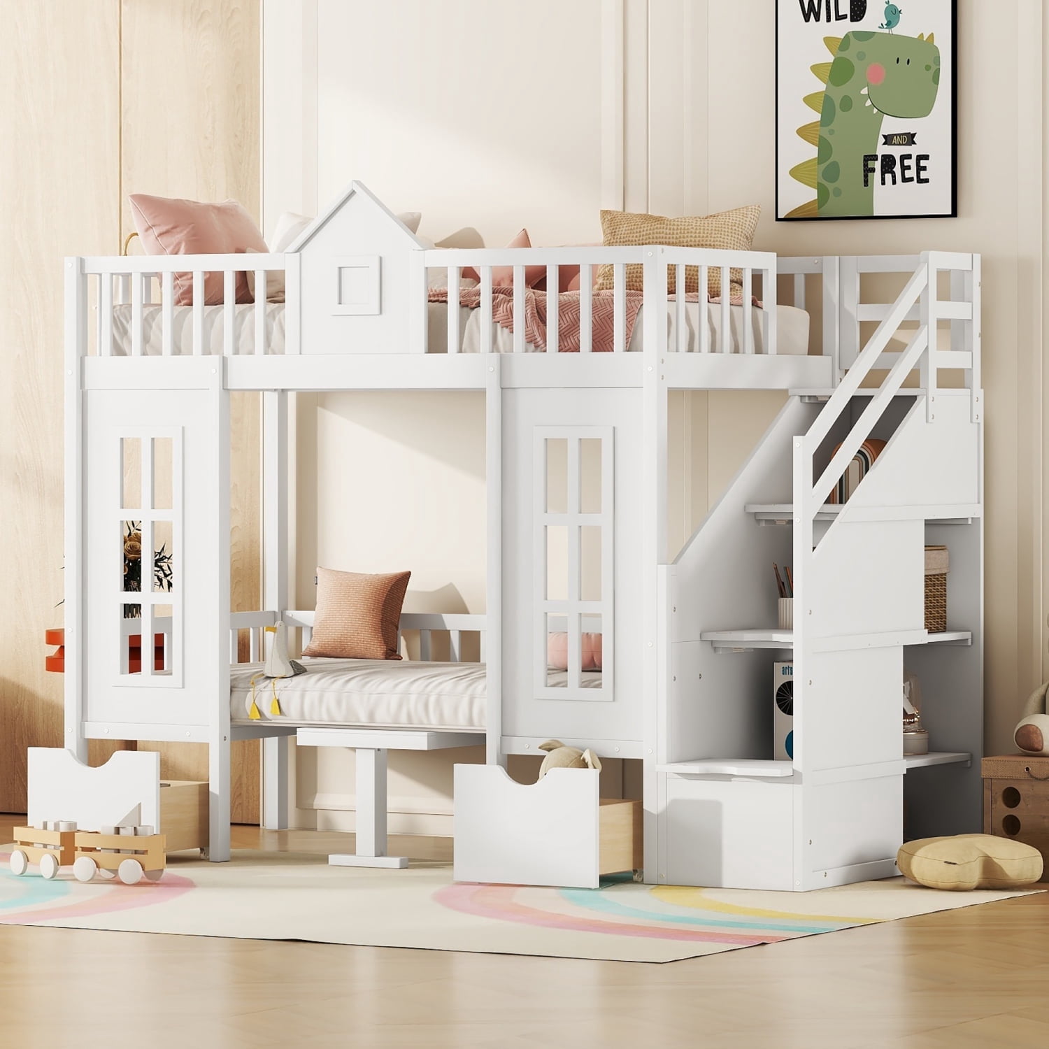Twin-Over-Twin Bunk Bed with Changeable Table Bunk Bed Turn into Upper ...